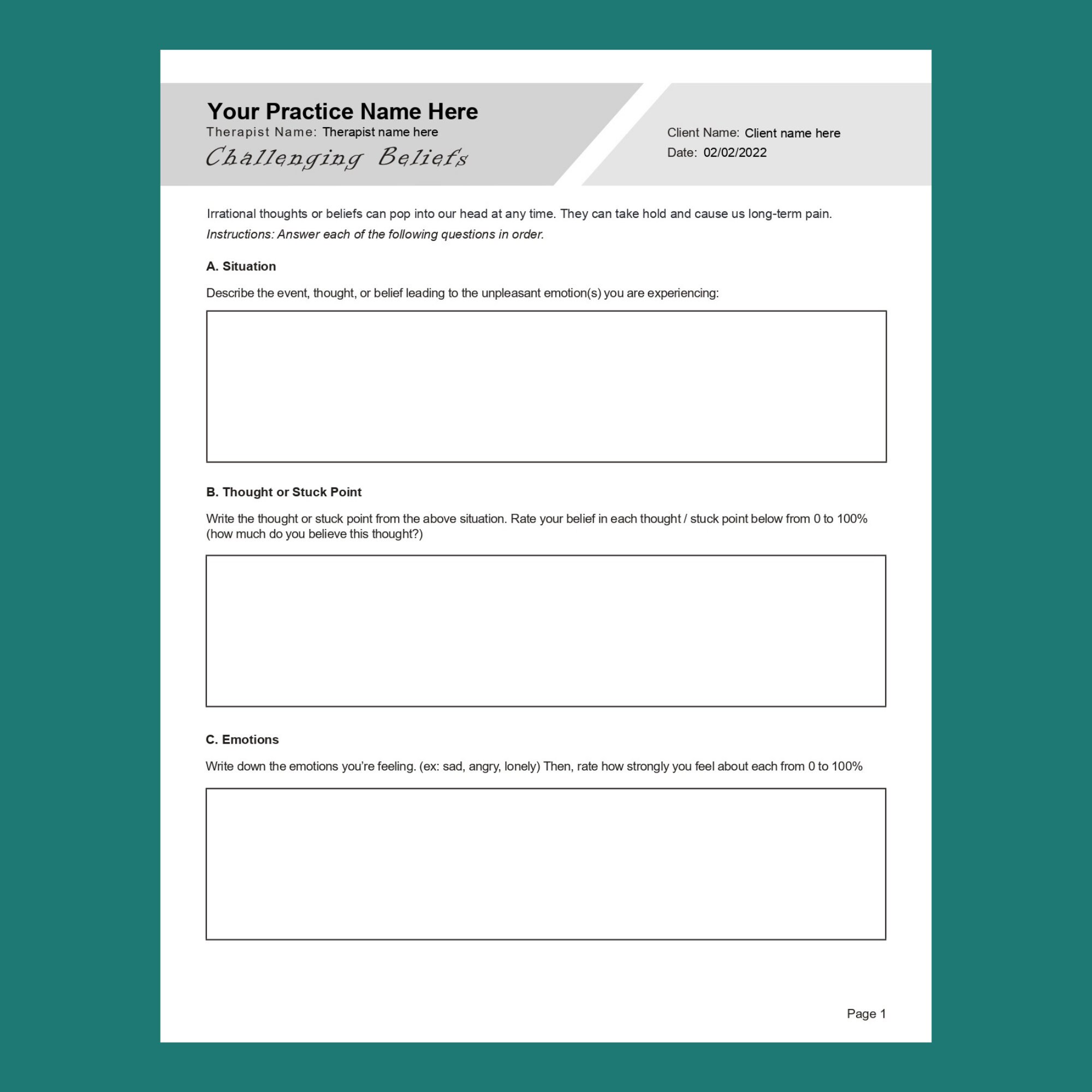 CBT: Challenging Beliefs Worksheet Editable / Fillable PDF for ...
