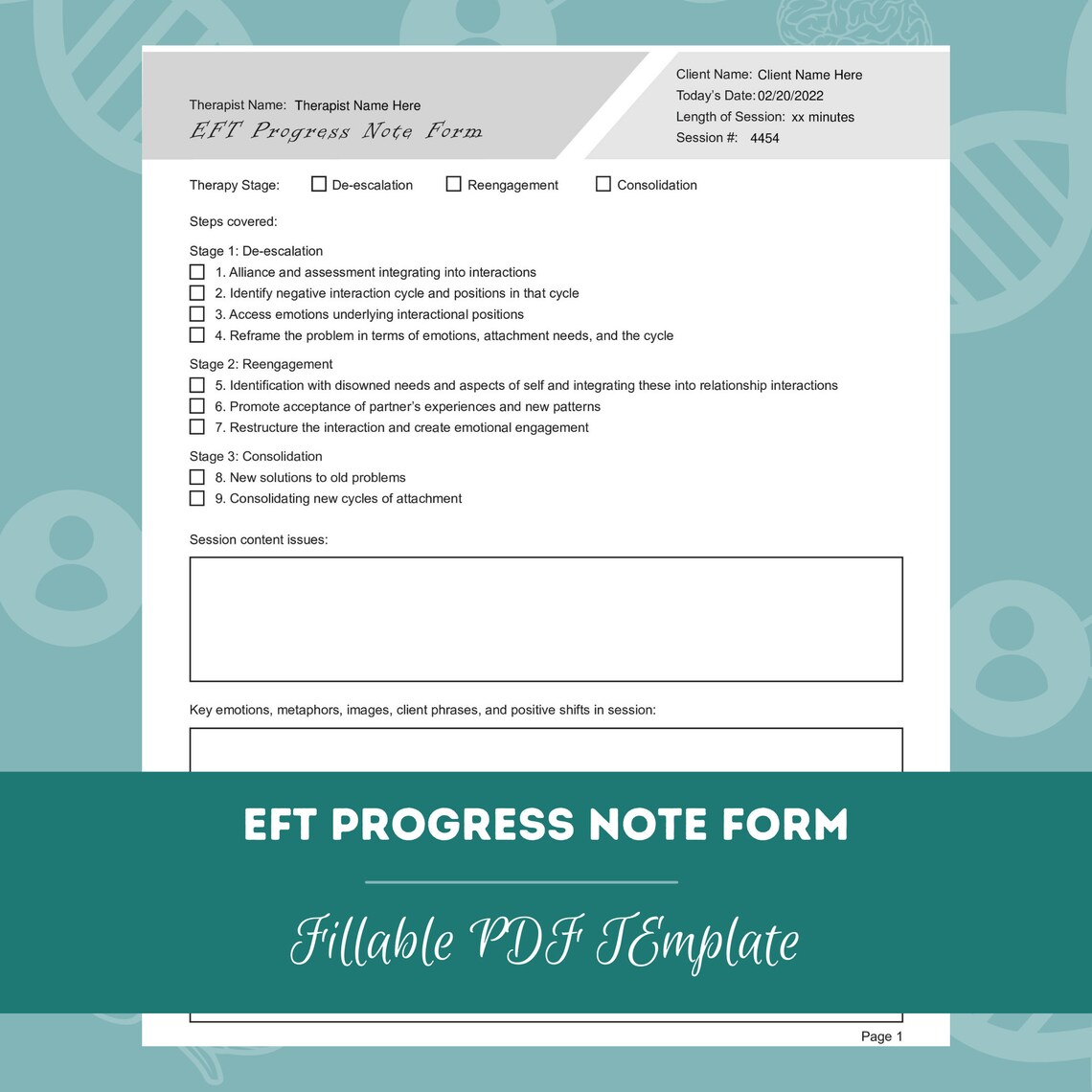 EFT Progress Note Form | Editable / Fillable PDF Template | for ...