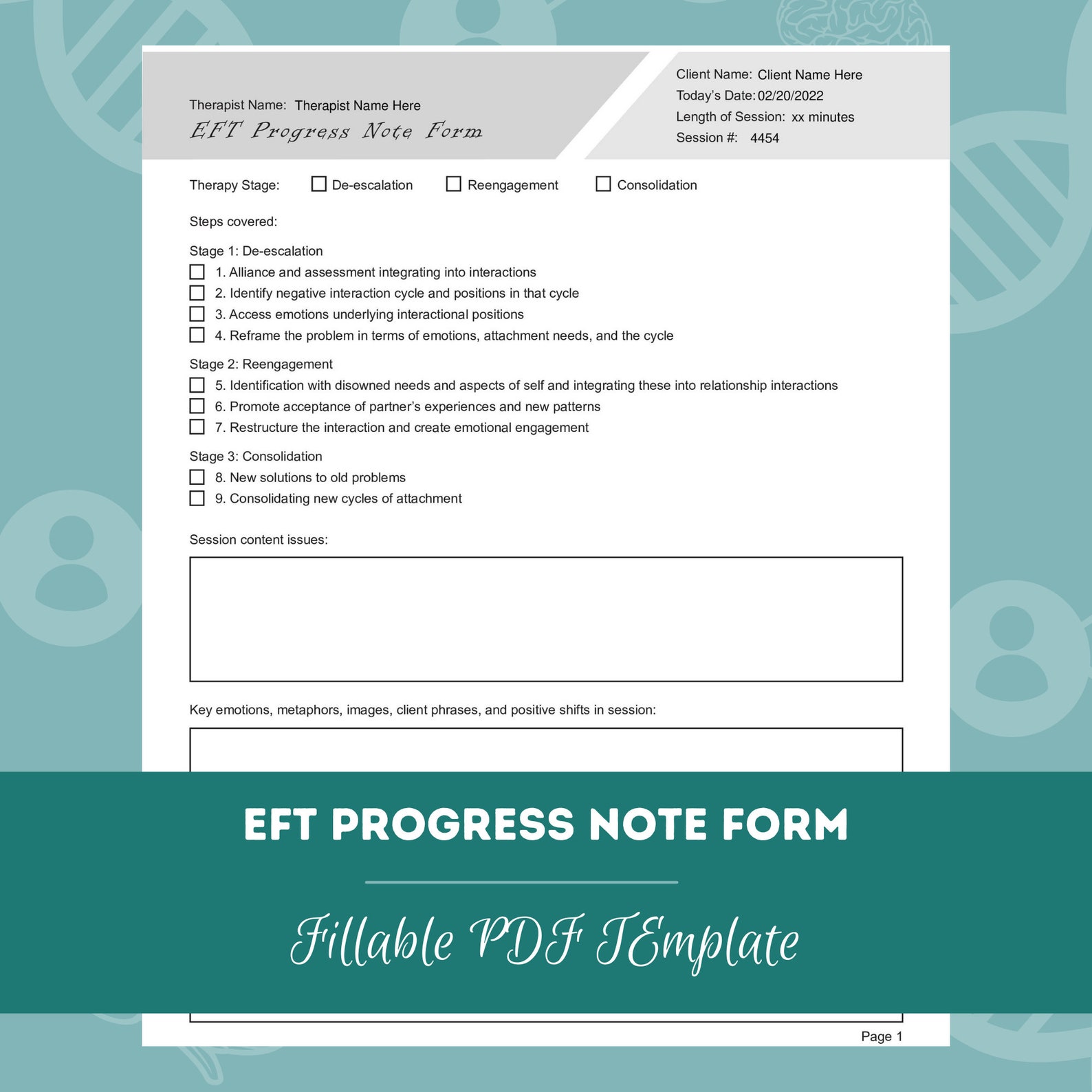 EFT Progress Note Form | Editable / Fillable PDF Template | for ...