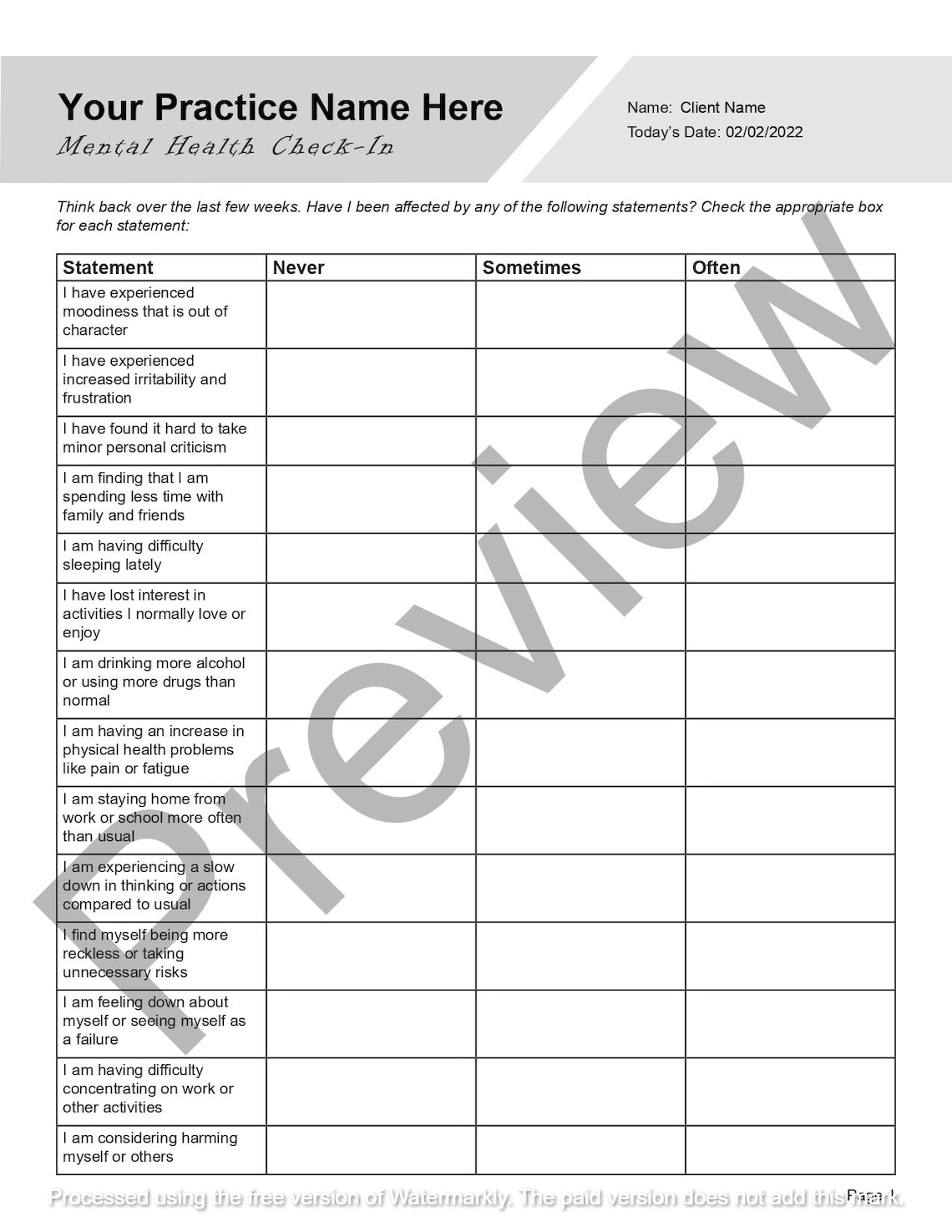 Mental Health Check in Questions | Editable / Fillable PDF | for ...