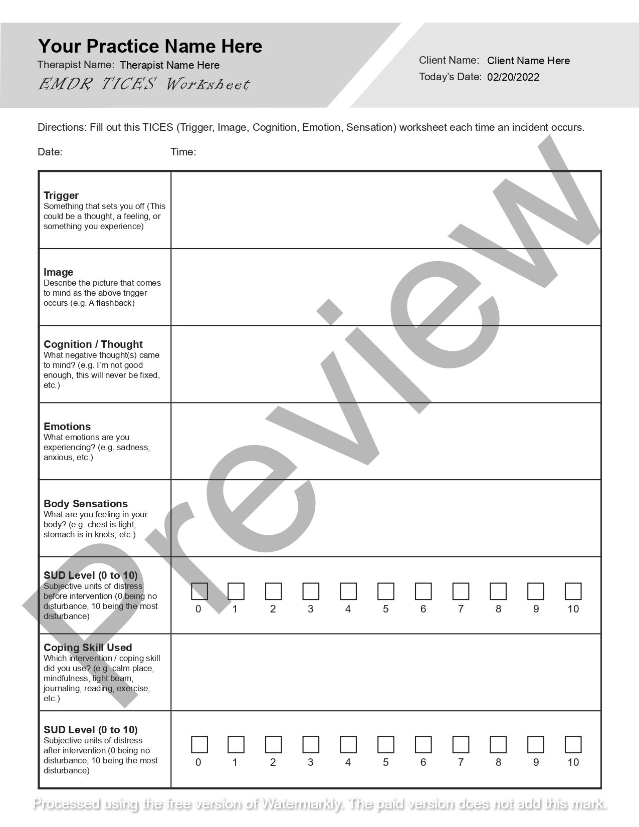EMDR TICES Worksheet | Editable / Fillable PDF Template | for ...