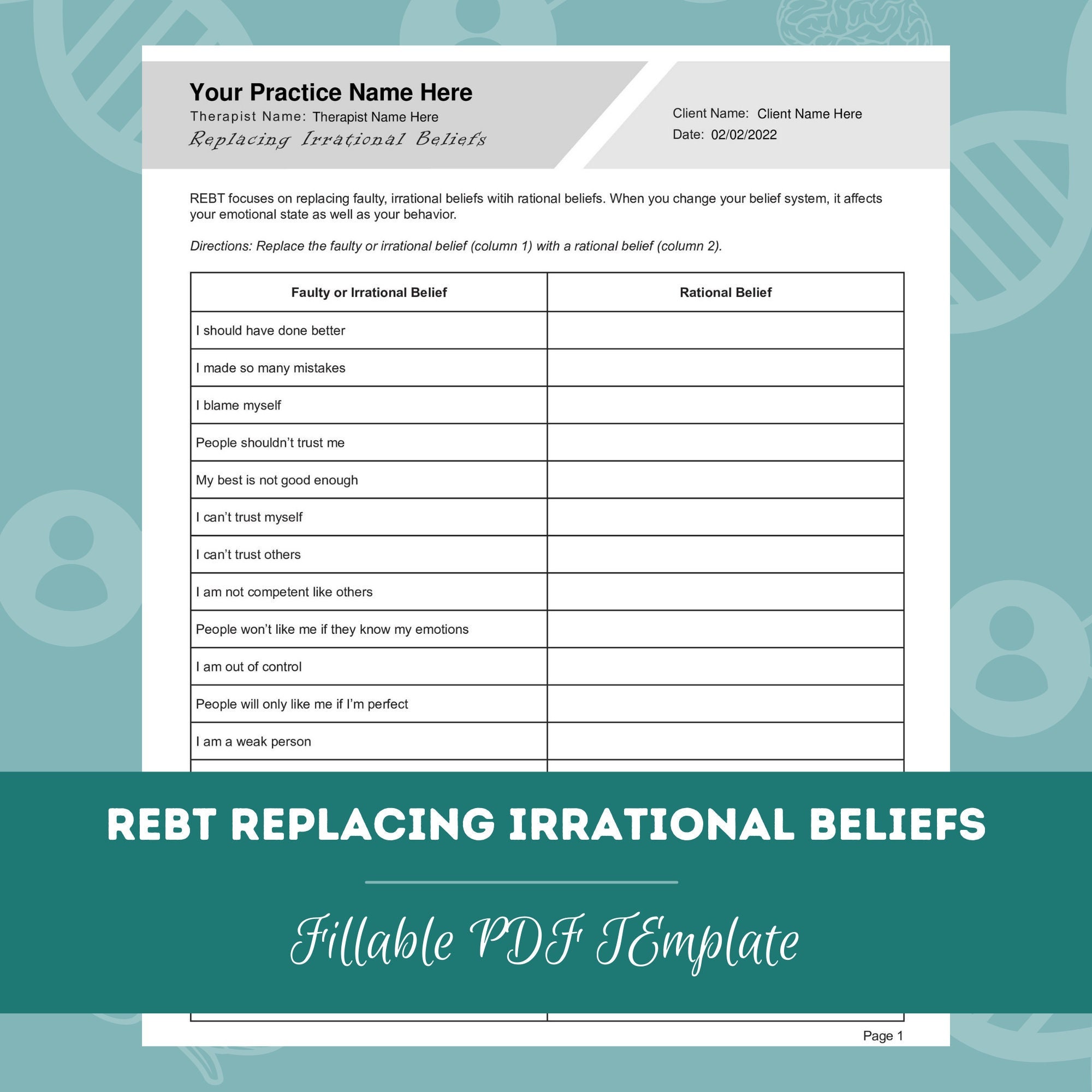 REBT Replacing Irrational Beliefs Worksheet | Editable / Fillable PDF ...