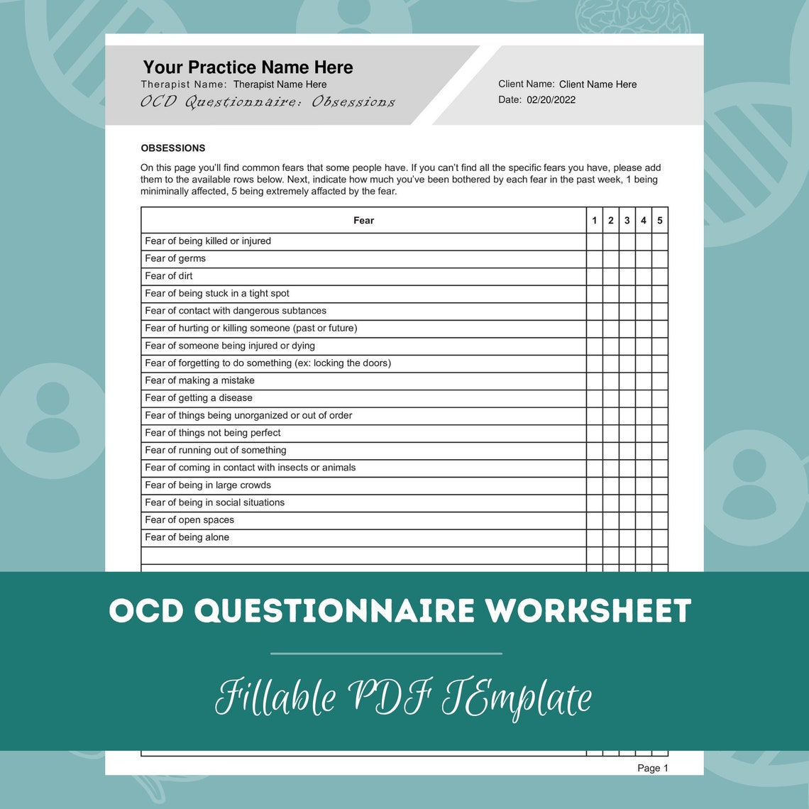 OCD Questionnaire Worksheet | Editable / Fillable PDF Template | for ...