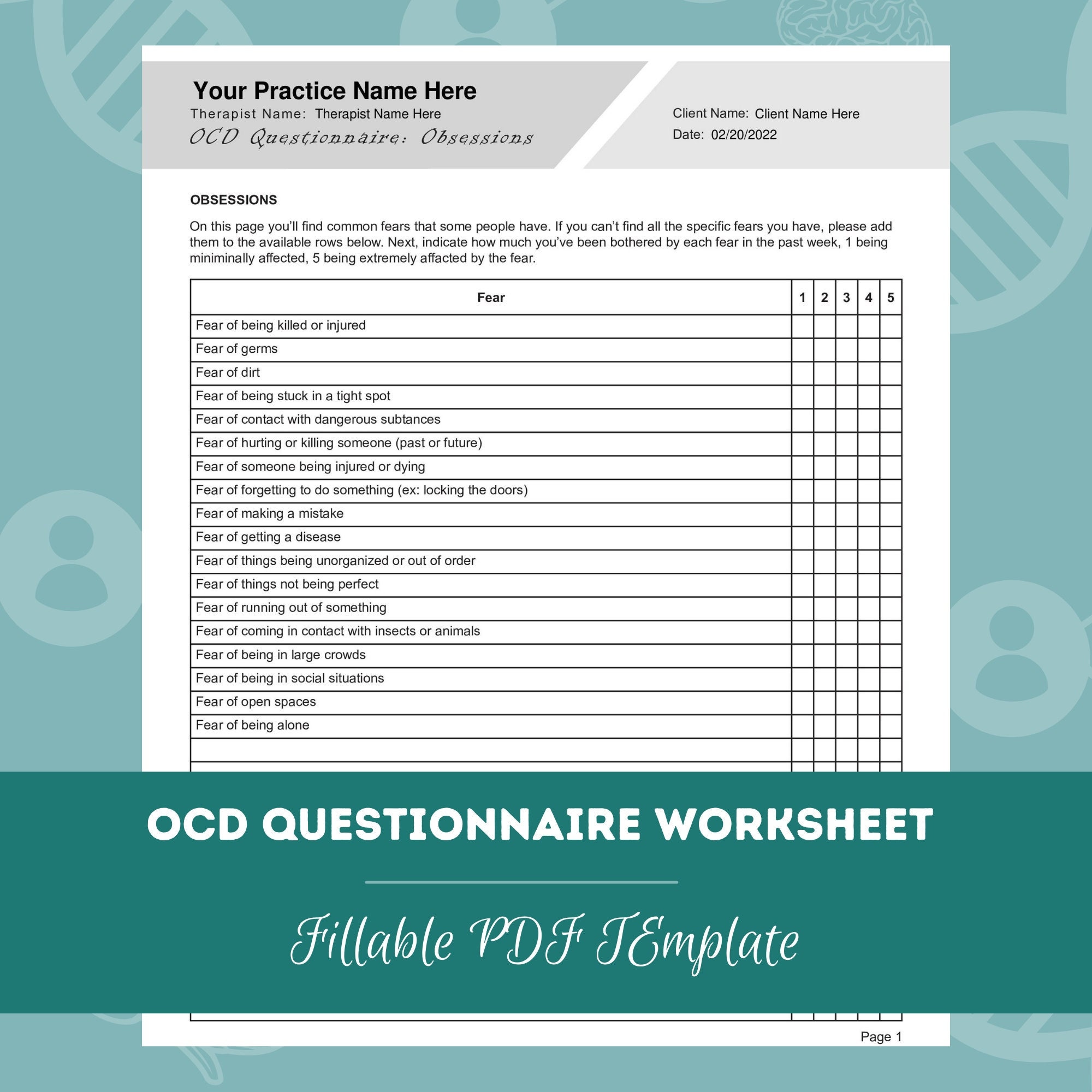 OCD Questionnaire Worksheet | Editable / Fillable PDF Template | for ...