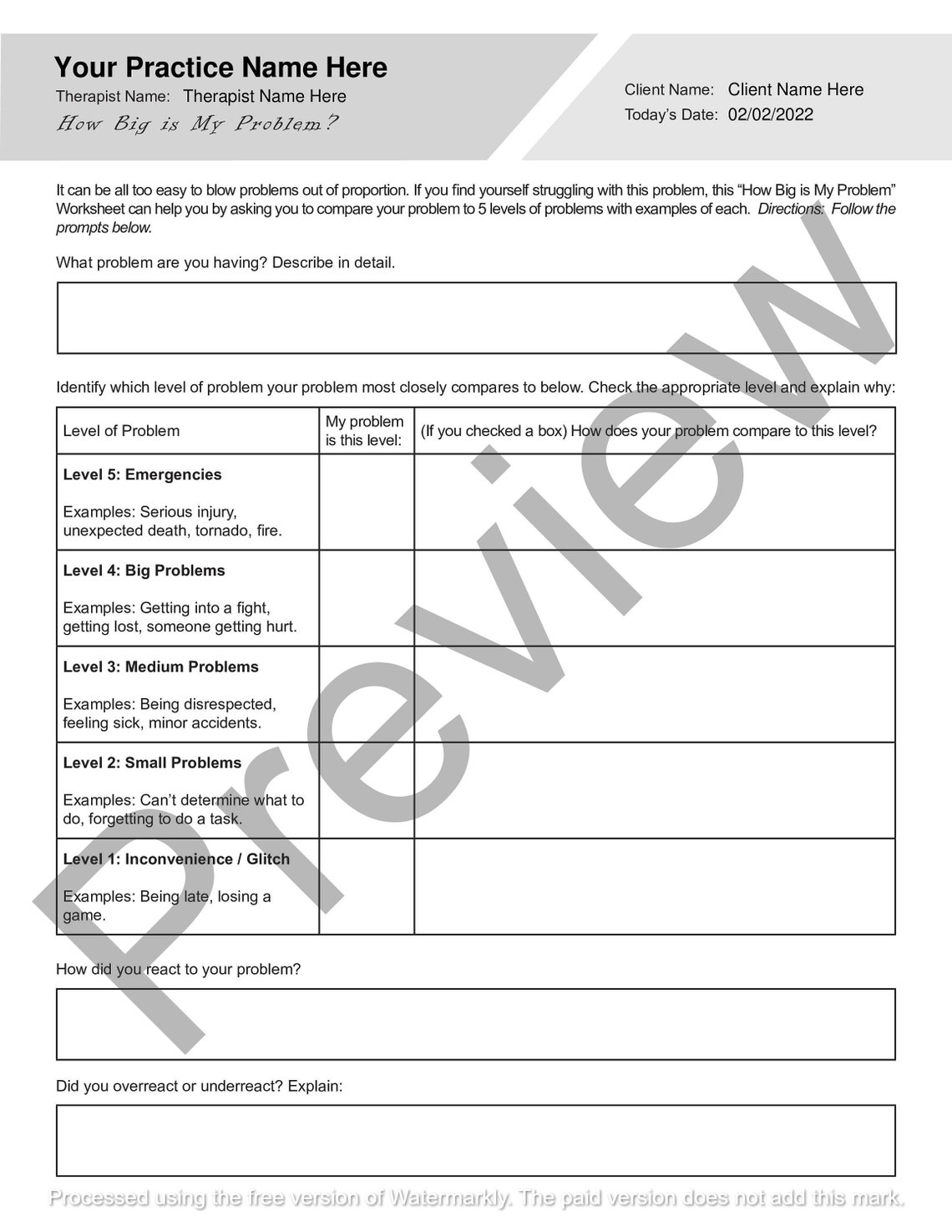 DBT How Big is My Problem Worksheet Editable / Fillable / Printable PDF ...