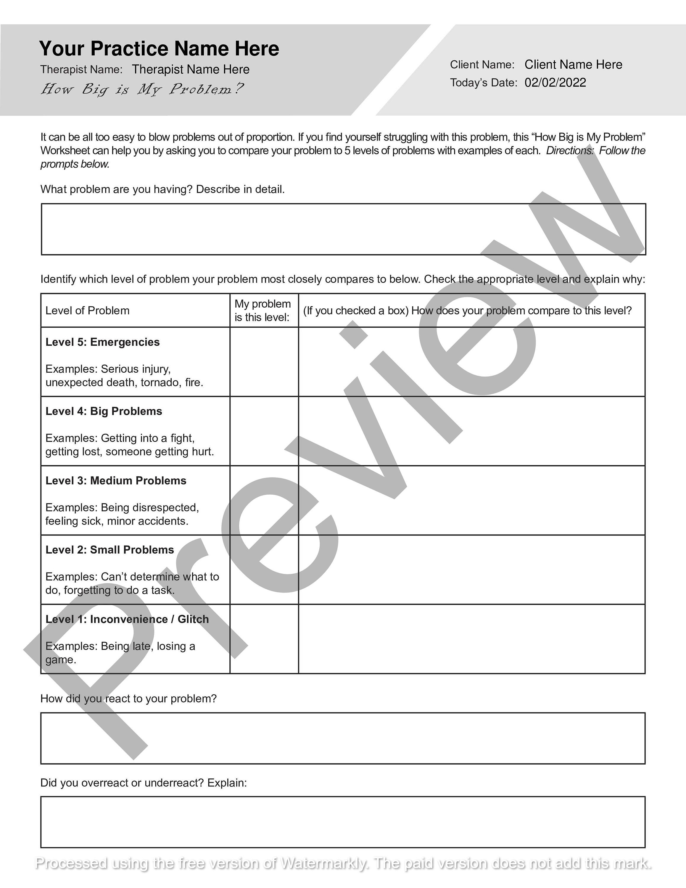 DBT How Big is My Problem Worksheet Editable / Fillable / Printable PDF ...
