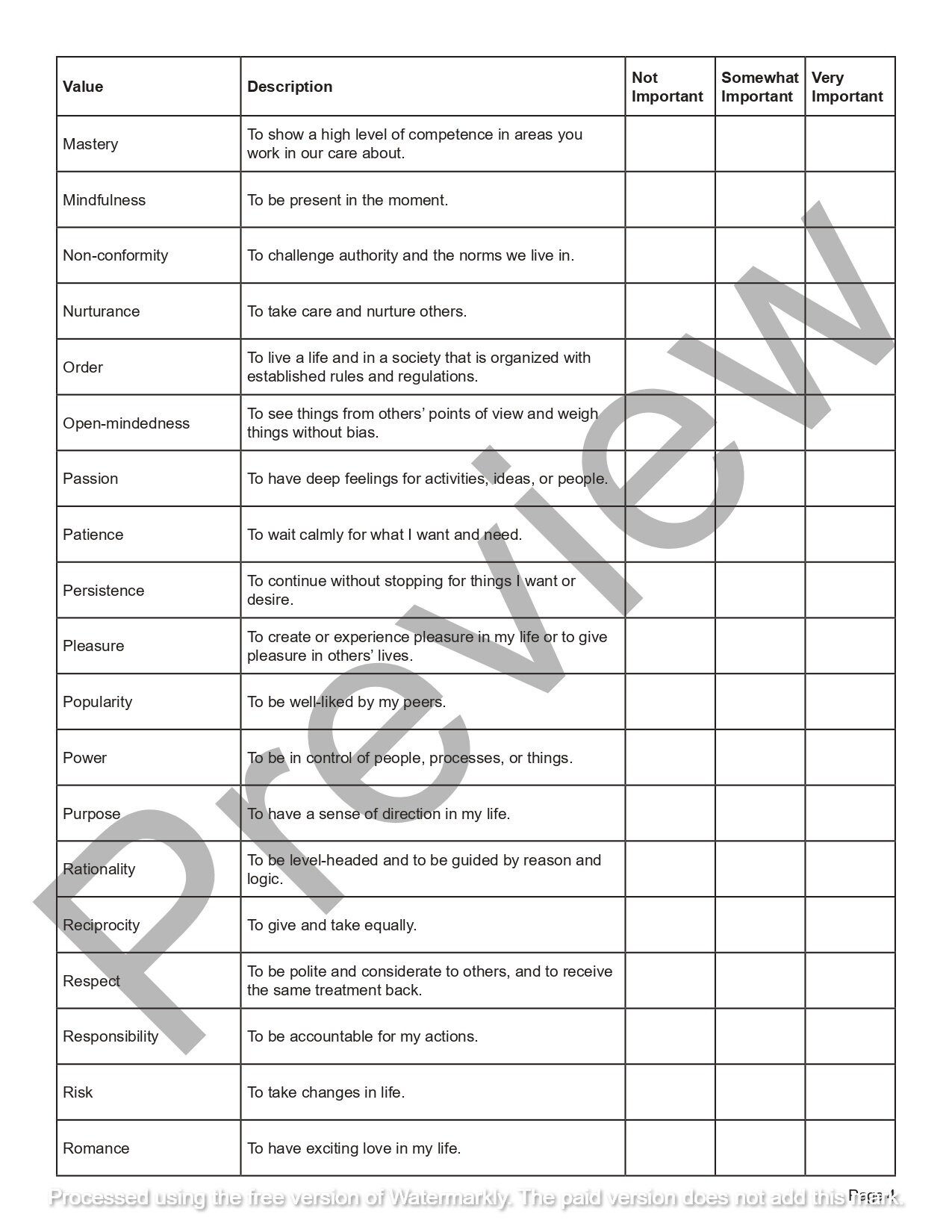 Identifying Core Values Worksheets, Fillable PDF Template, Self ...