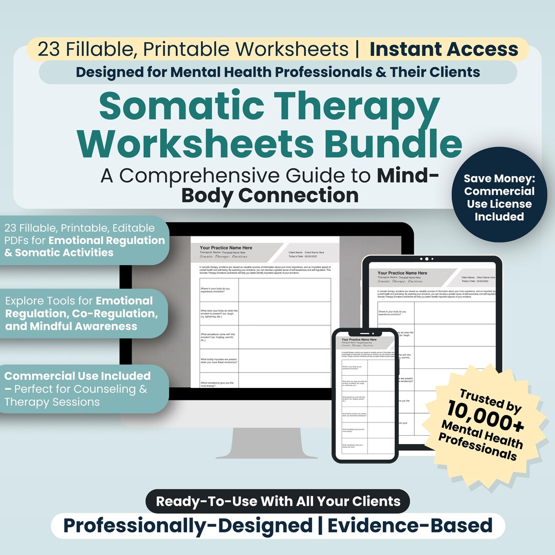 Somatic Therapy Worksheets Bundle, 23 Fillable/printable PDF Templates ...
