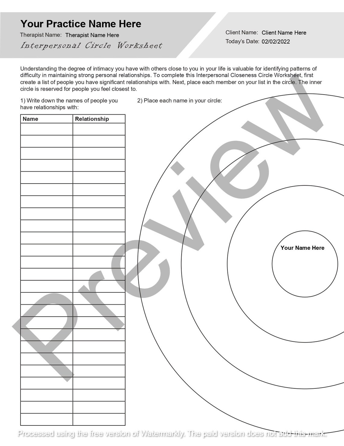 Interpersonal Closeness Circle Worksheet | Editable / Fillable PDF ...