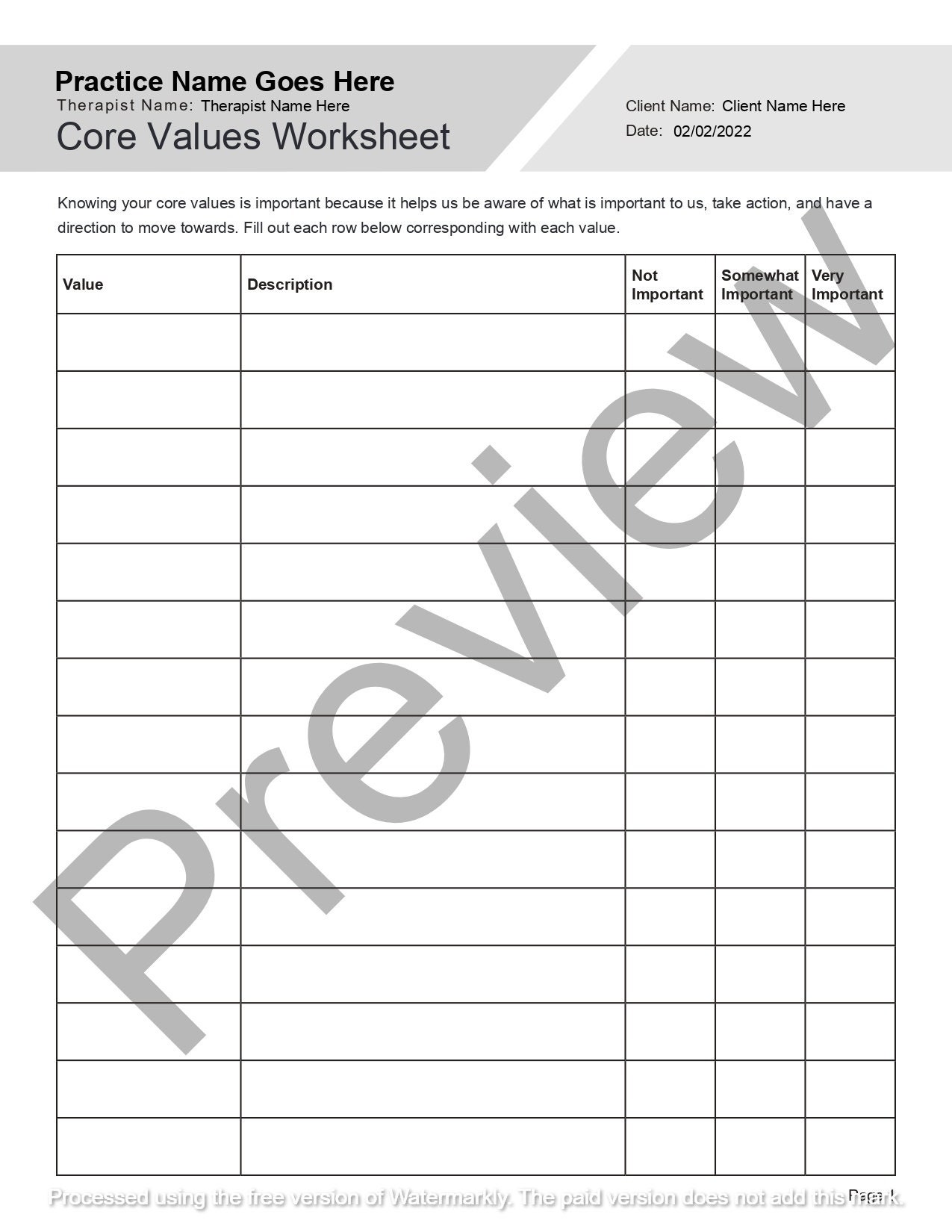 Identifying Core Values Worksheets, Fillable PDF Template, Self ...