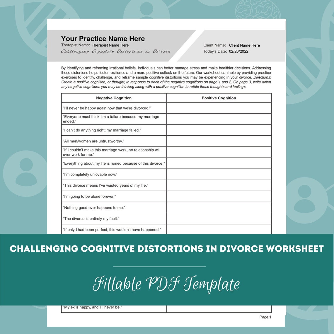 Challenging Cognitive Distortions in Divorce Worksheet | Editable ...