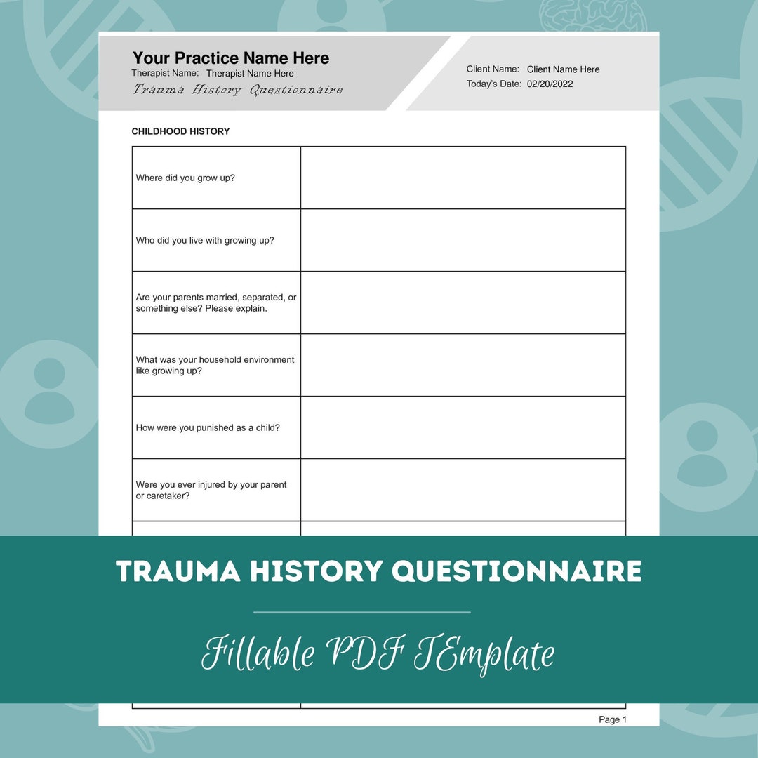Trauma History Questionnaire | Editable / Fillable PDF | for Counselors ...