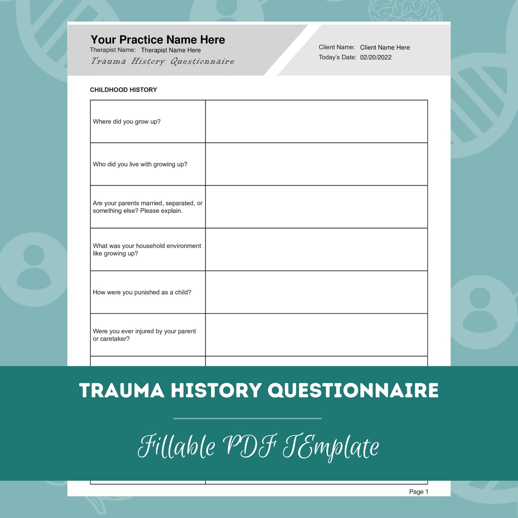 Trauma History Questionnaire | Editable / Fillable PDF | for Counselors ...
