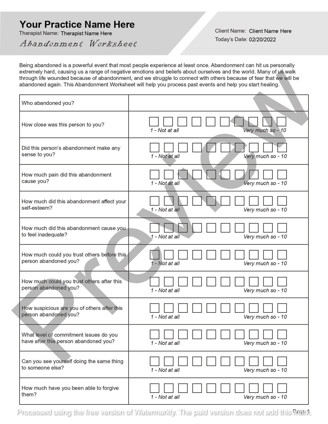 Abandonment Worksheet | Editable / Fillable PDF | for Counselors ...