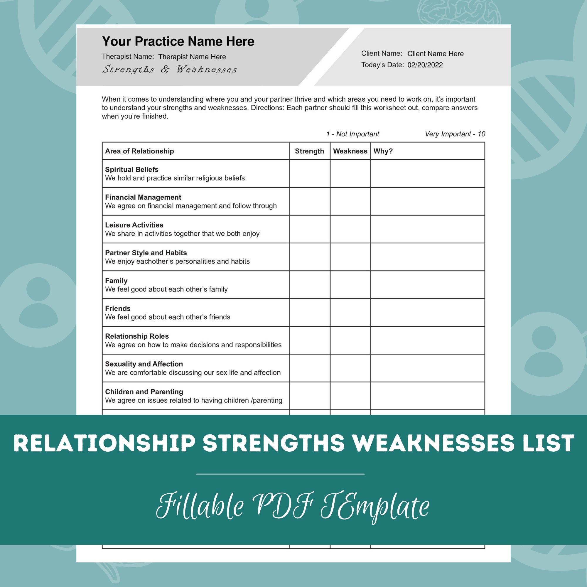 Relationship Strengths and Weaknesses List | Editable / Fillable PDF Template | for Counselors ...