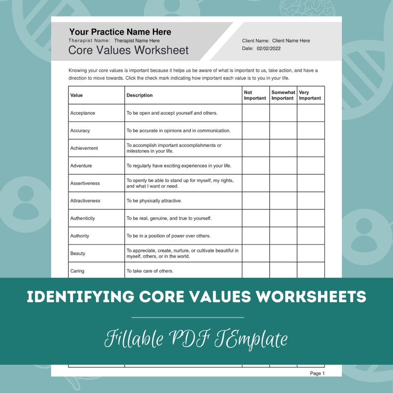 Identifying Core Values Worksheets, Fillable PDF Template, Self ...