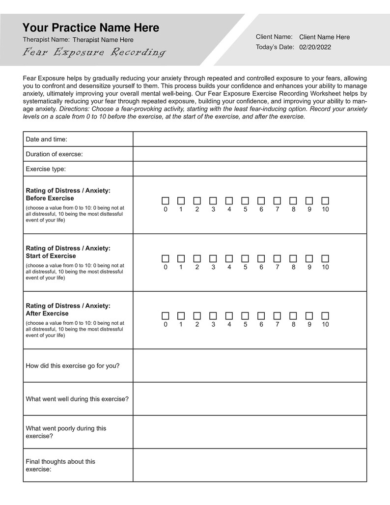 Fear Exposure Recording Worksheet | Editable / Fillable PDF | for ...