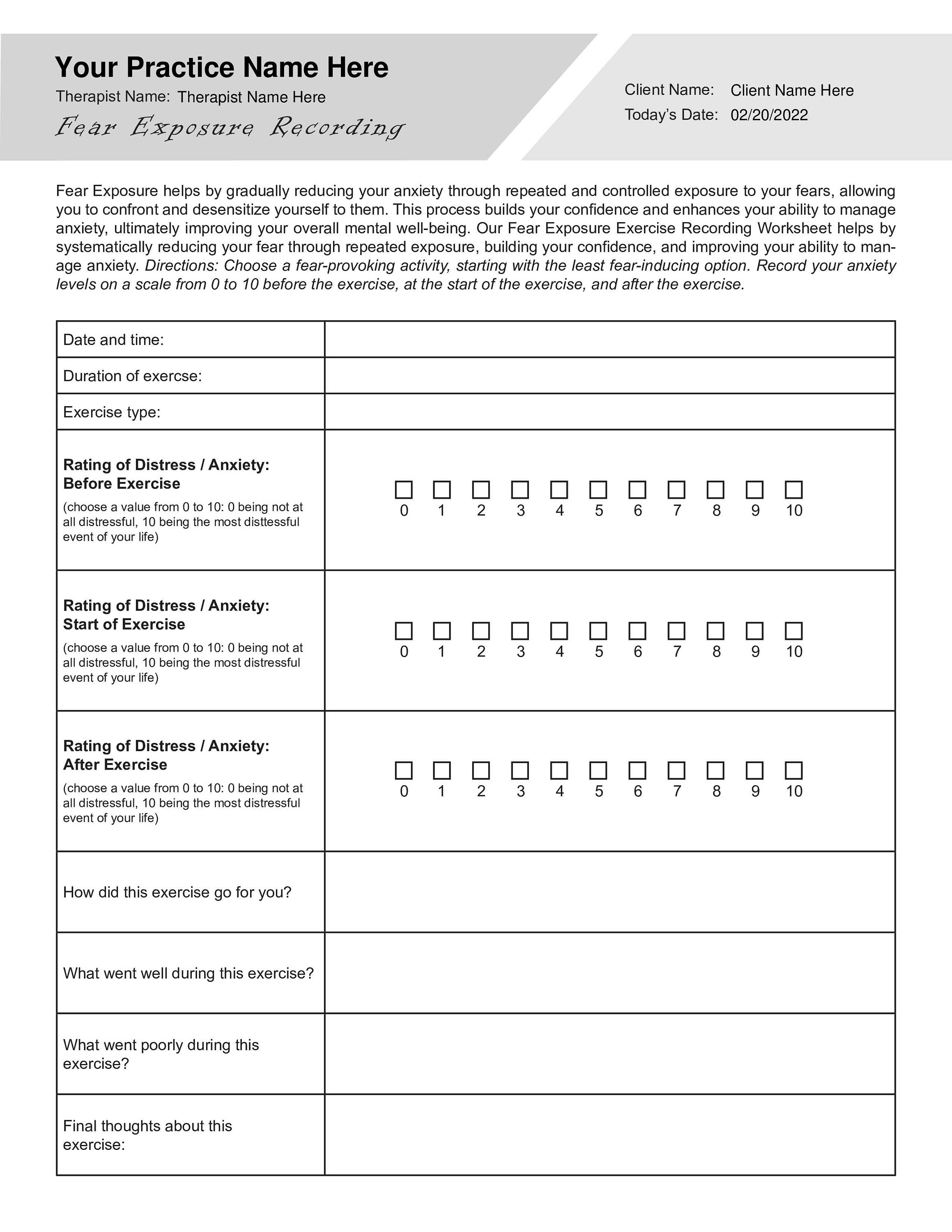 Fear Exposure Recording Worksheet | Editable / Fillable PDF | for ...