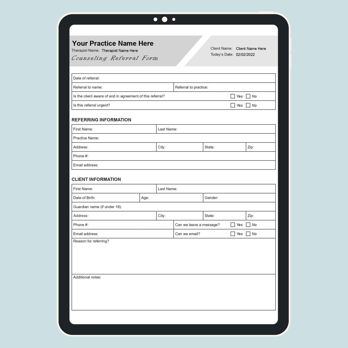 Counseling Referral Form / Therapy Referral Form / Client Referral Form ...