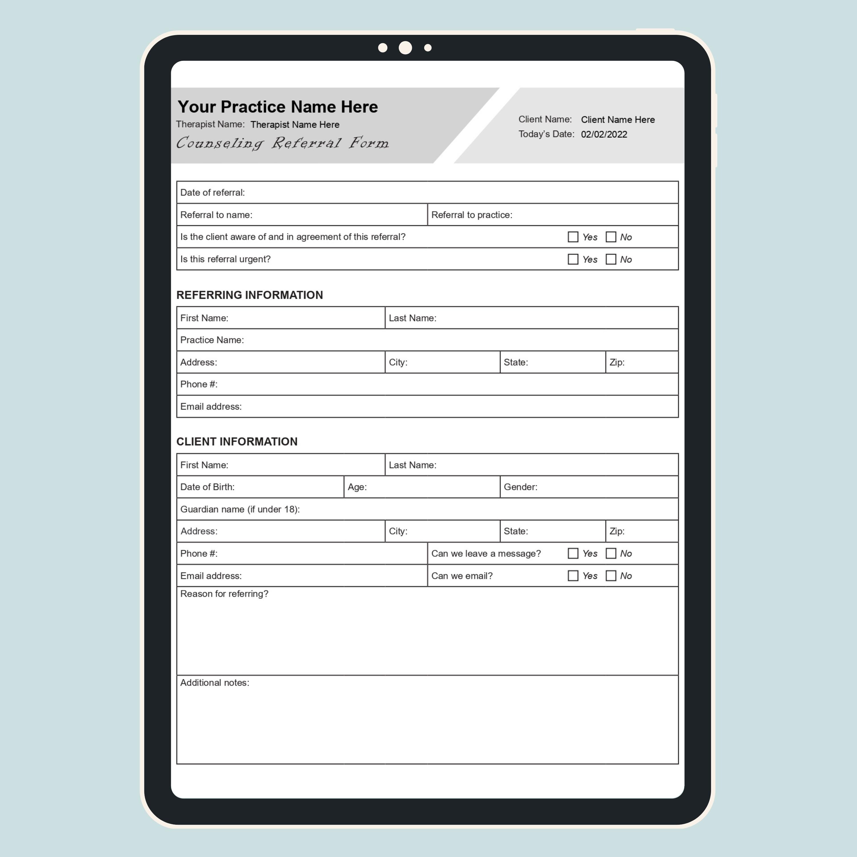 Counseling Referral Form / Therapy Referral Form / Client Referral Form ...