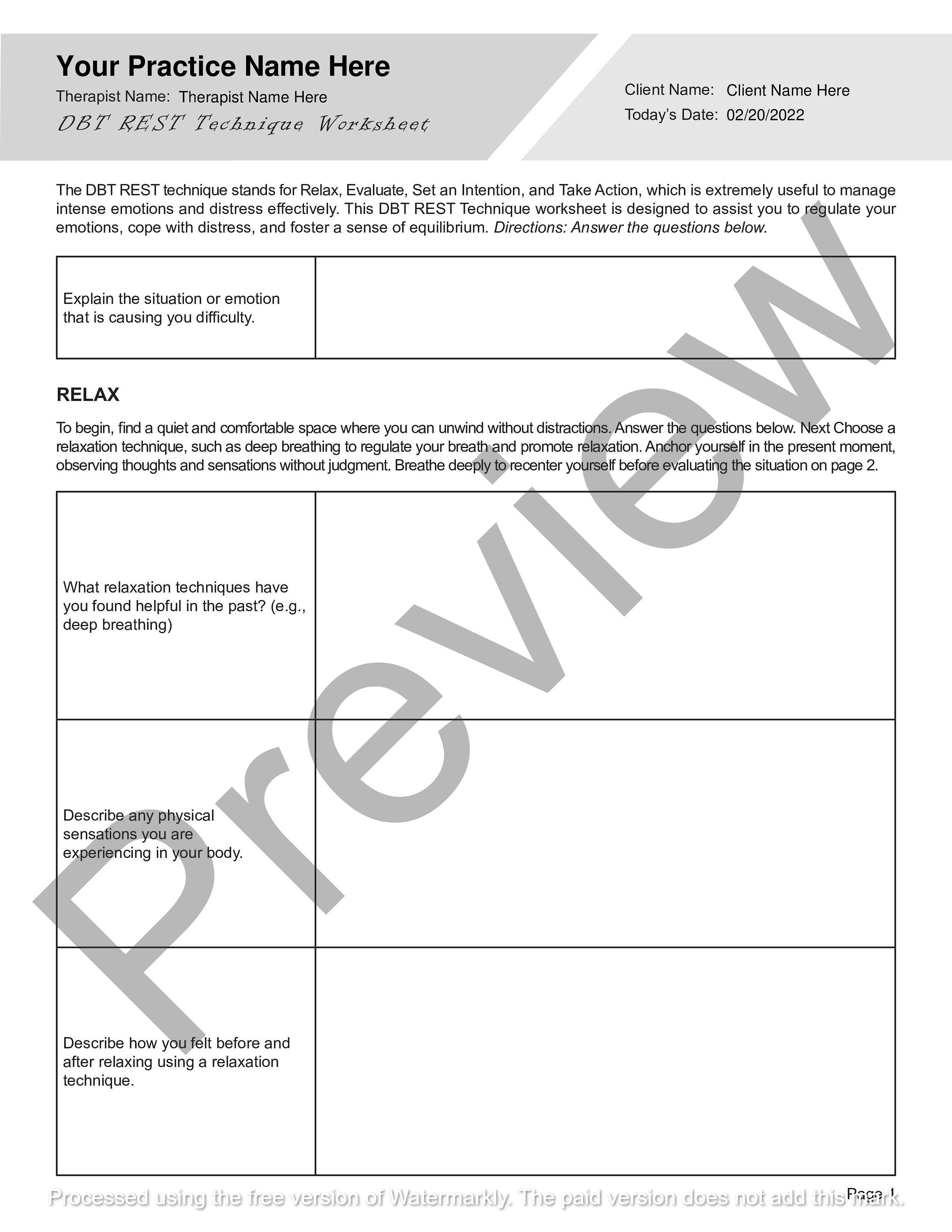 DBT REST Technique Worksheet Fillable PDF for Counselors, Psychologists ...