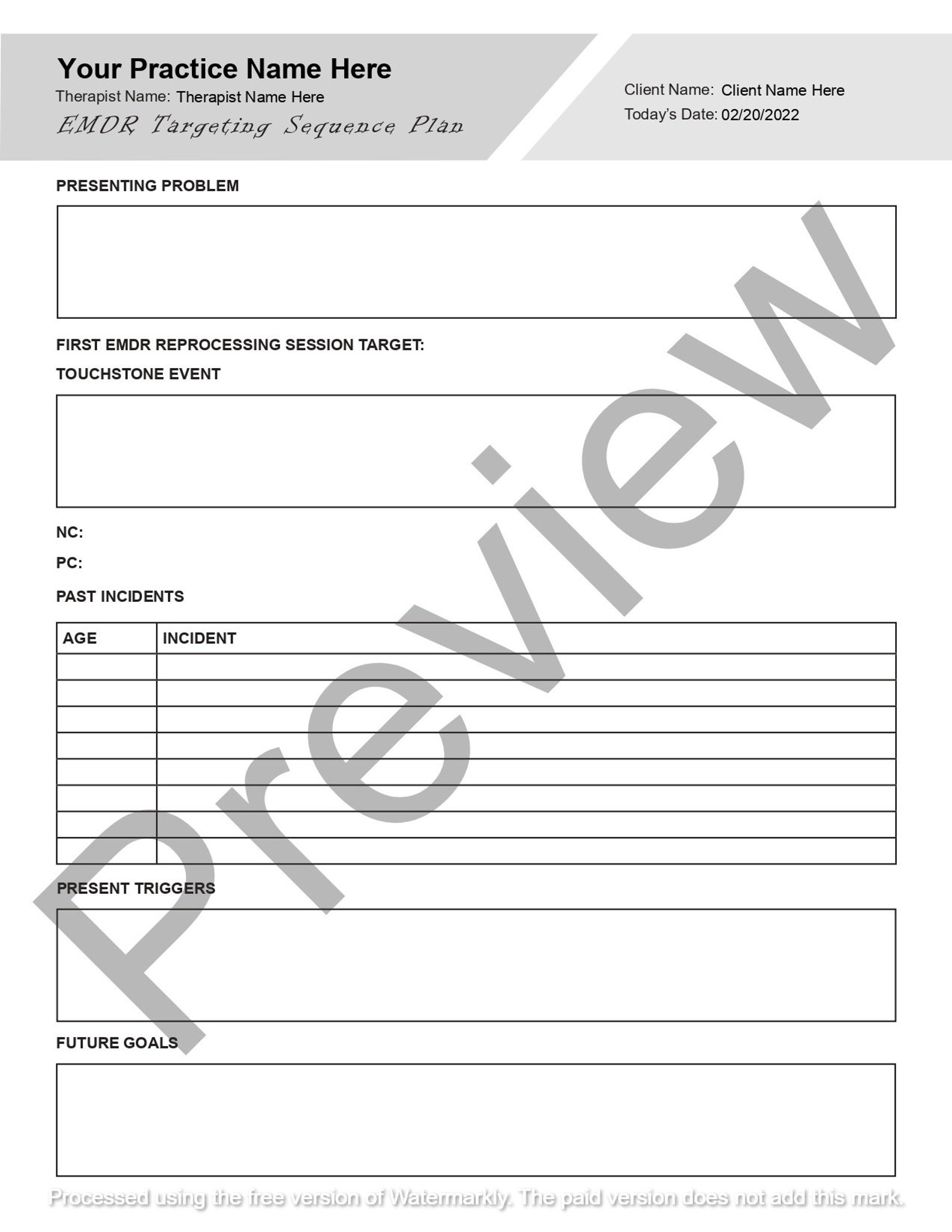 EMDR Targeting Sequence Plan | Editable / Fillable PDF Template | for ...