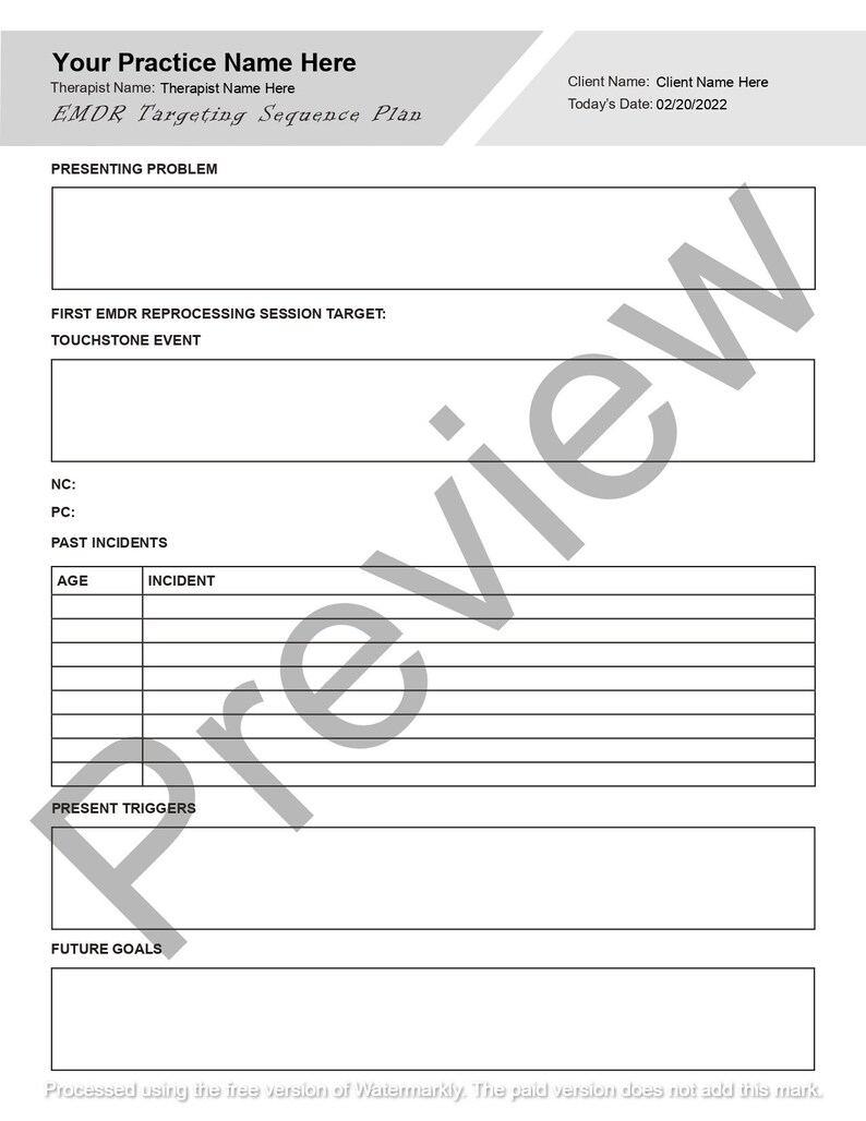 EMDR Targeting Sequence Plan | Editable / Fillable PDF Template | for ...