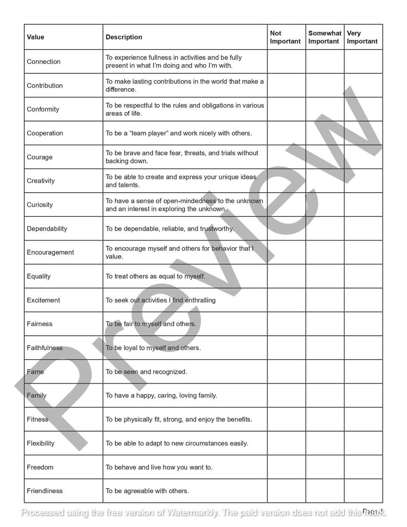 ACT Values Worksheet | Editable / Fillable PDF | for Counselors ...