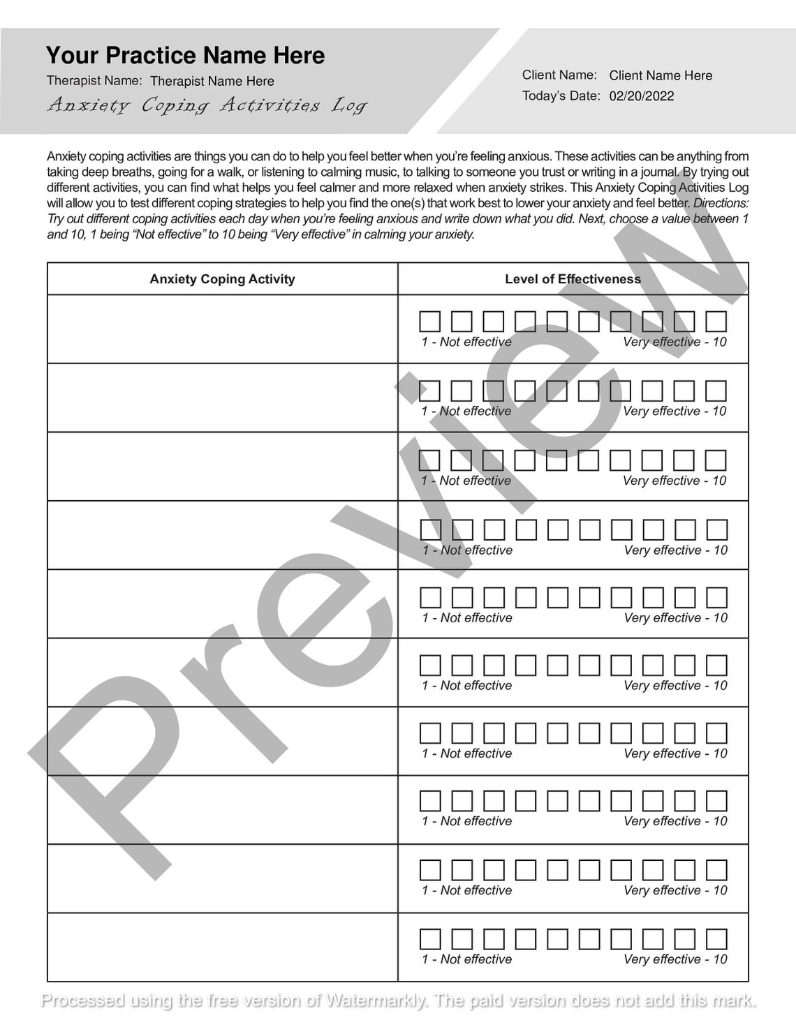 Anxiety Coping Activities Log Worksheet | Editable / Fillable PDF | for ...