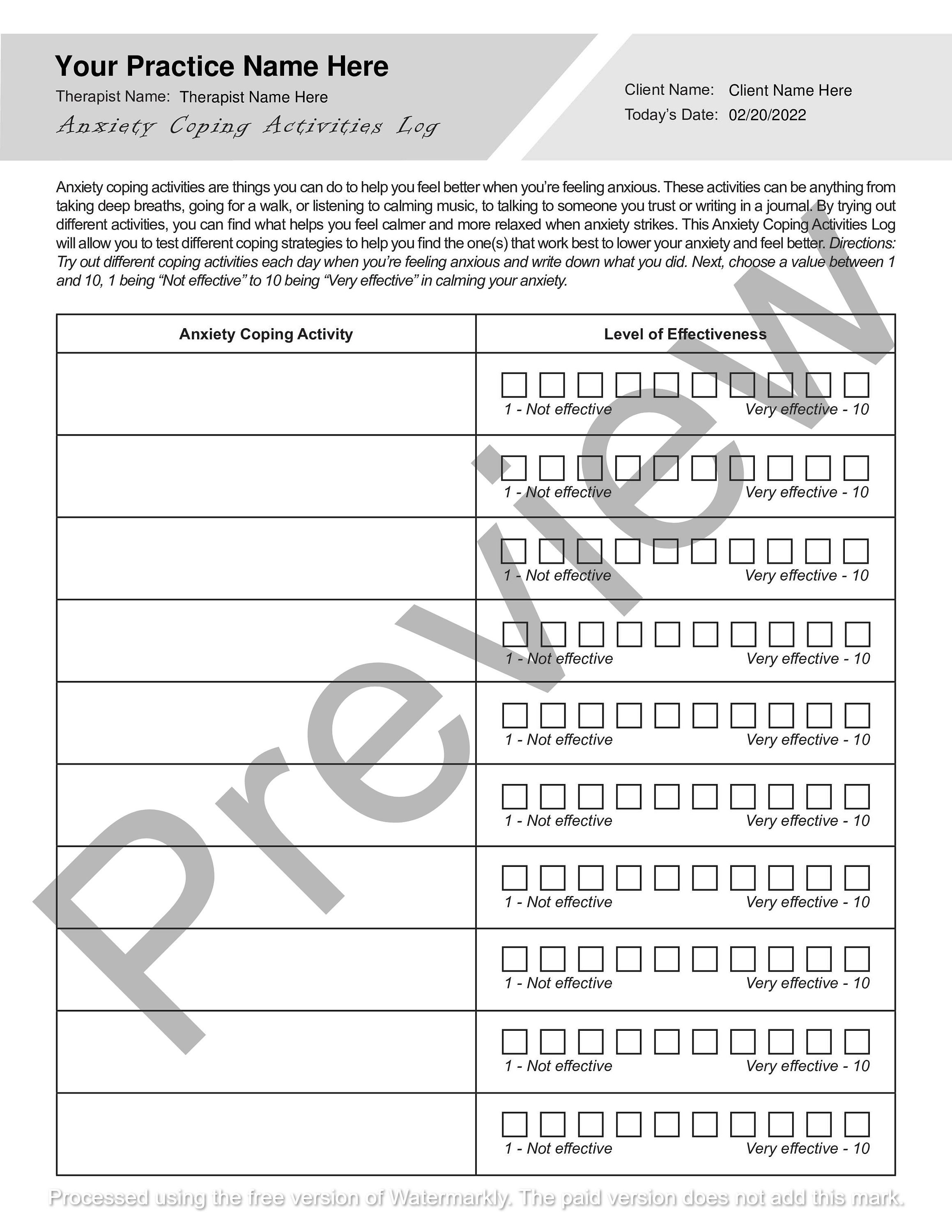 Anxiety Coping Activities Log Worksheet | Editable / Fillable PDF | for ...