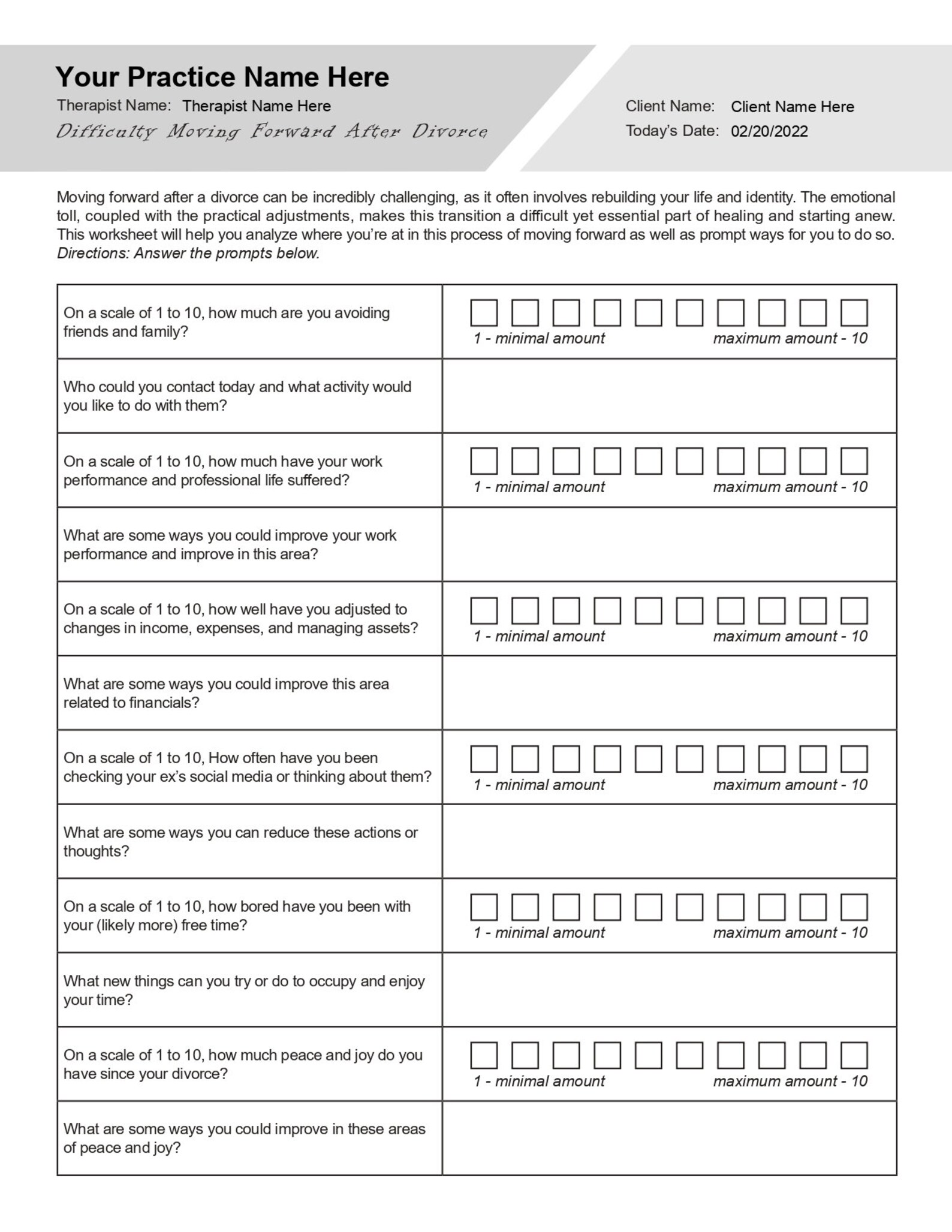 Difficulty Moving Forward After Divorce Worksheet | Editable ...