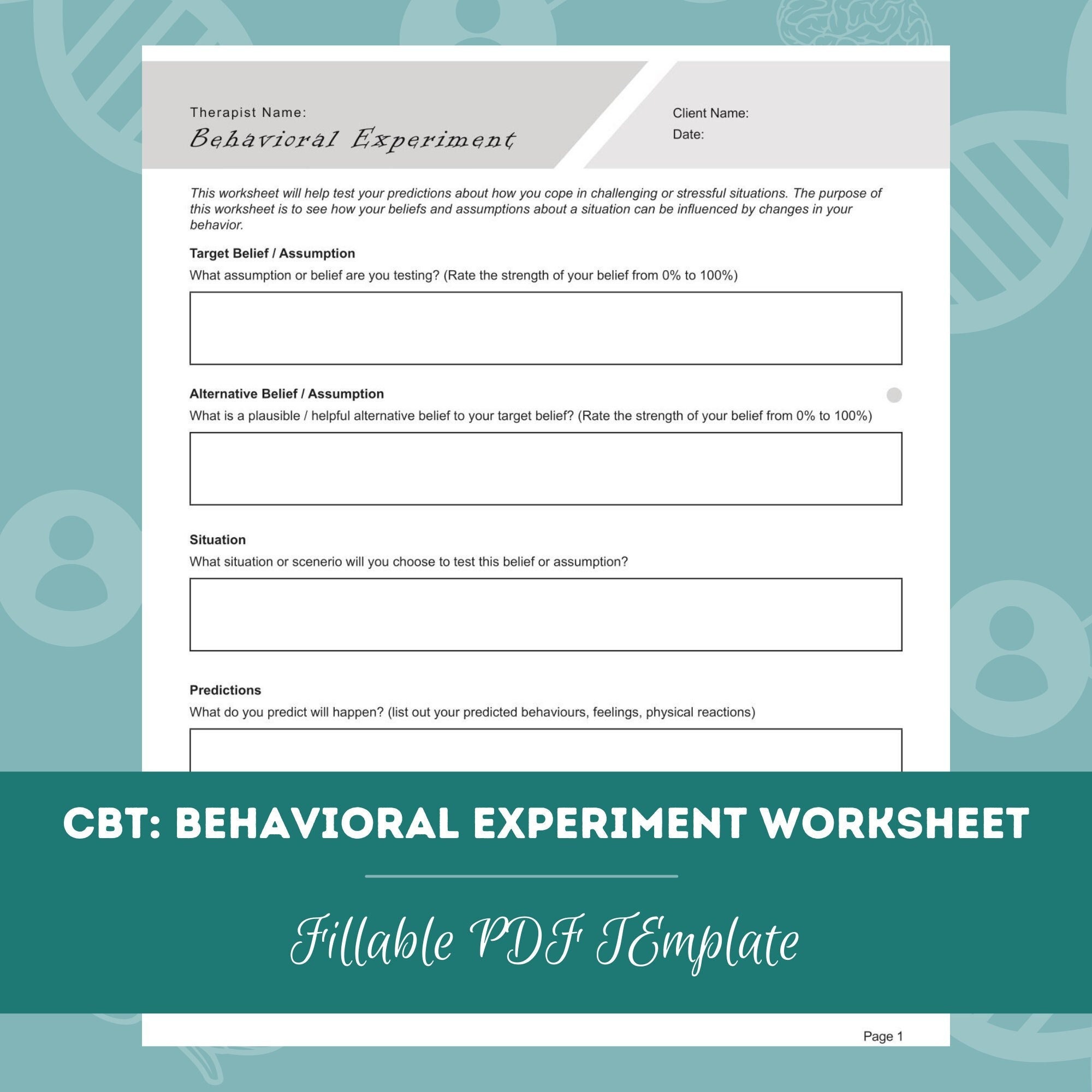CBT: Behavioral Experiment Worksheet Editable / Fillable PDF for ...