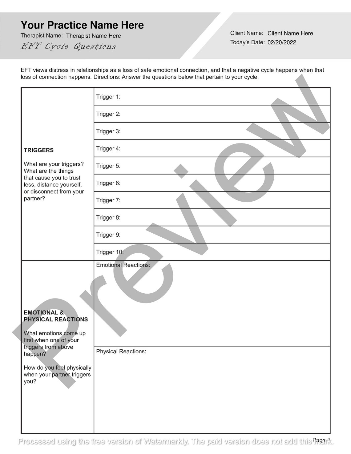 EFT Cycle Questions Worksheet | Editable / Fillable PDF Template | for ...