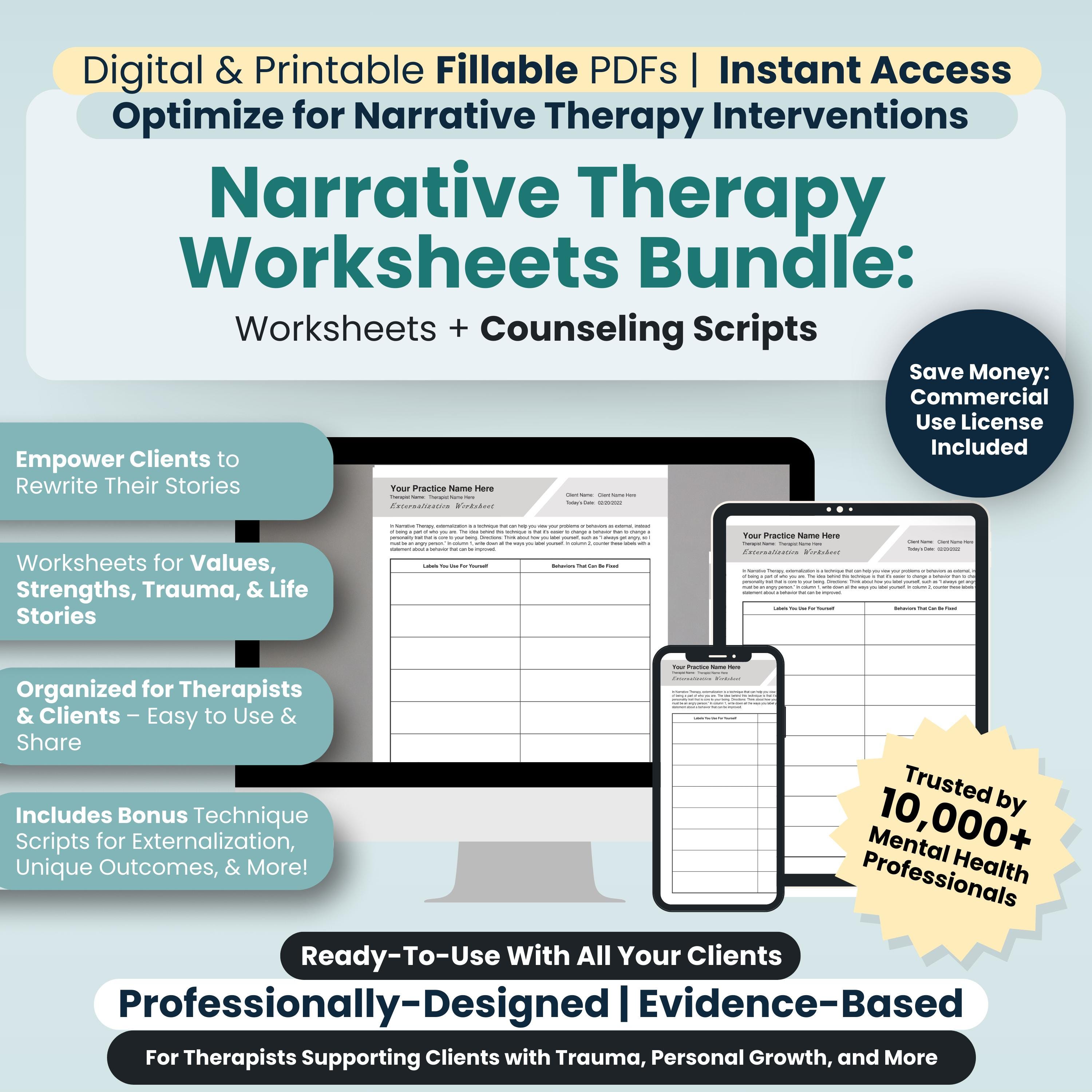 Narrative Therapy Worksheets Bundle, 22 Fillable / Printable PDF ...