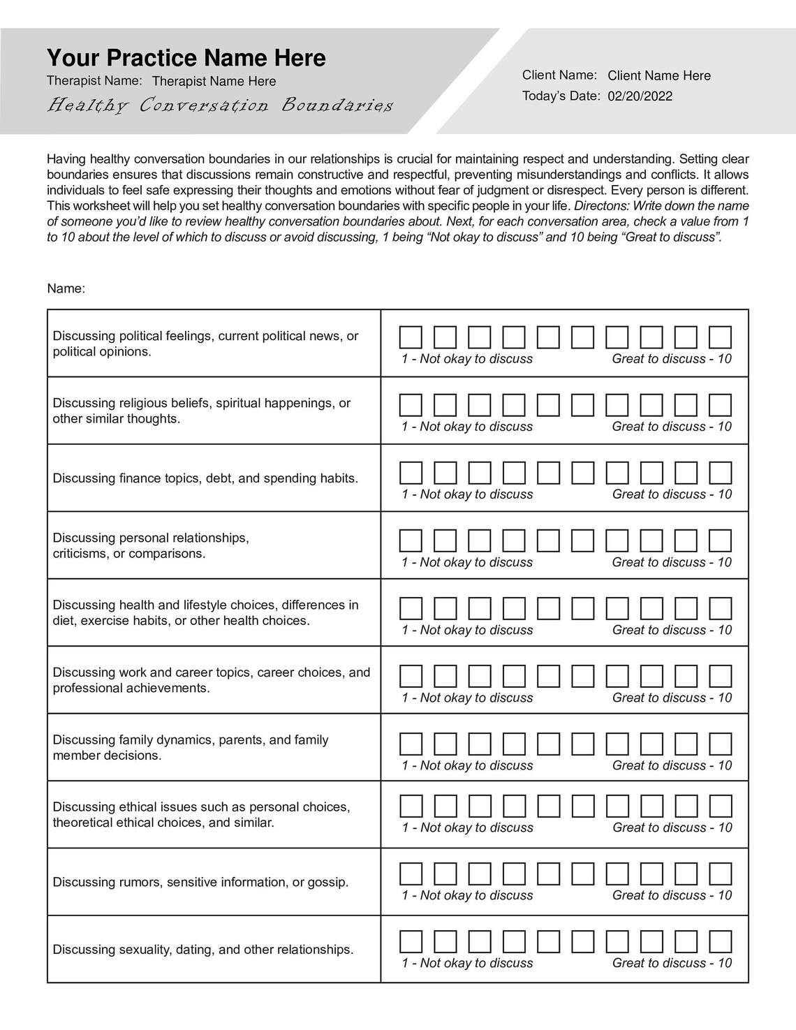 Healthy Conversation Boundaries Worksheet | Editable / Fillable ...