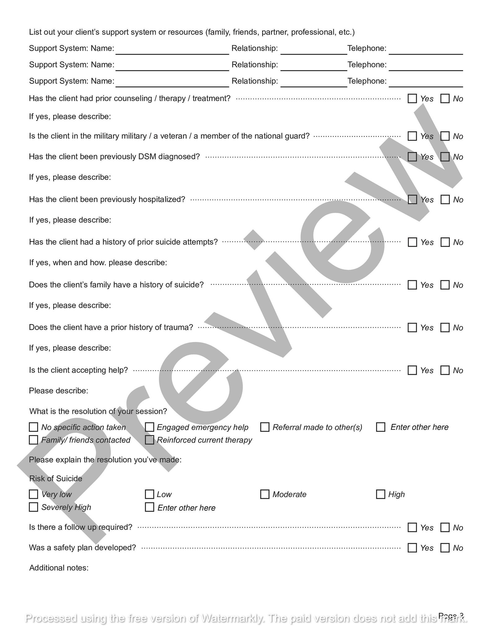 Suicide Assessment Form Template | Editable / Fillable / Printable PDF ...