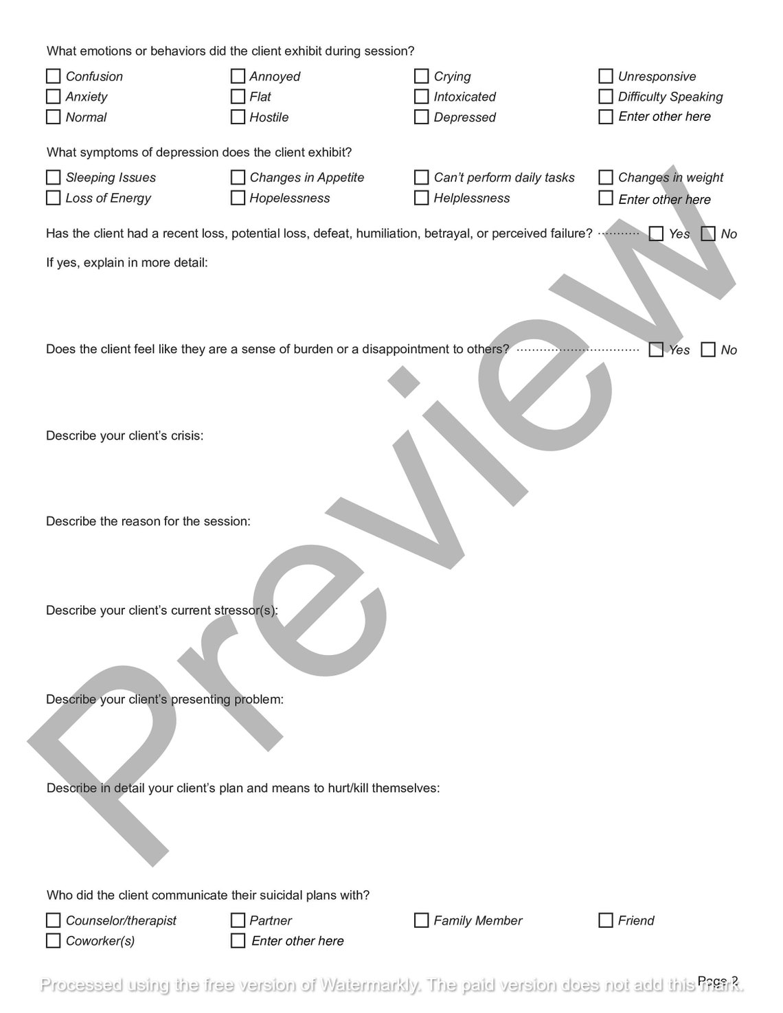 Suicide Assessment Form Template | Editable / Fillable / Printable PDF ...