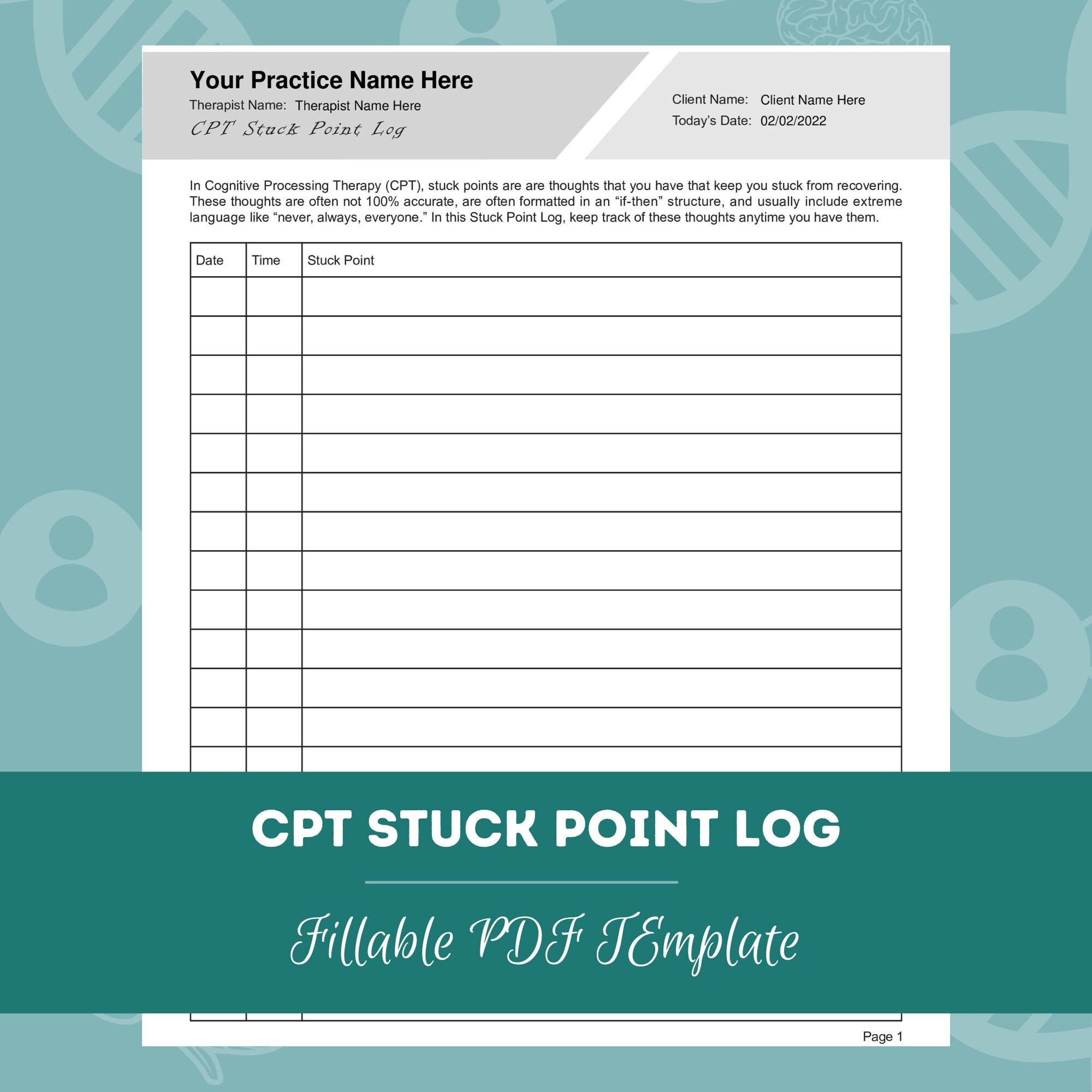 Cognitive Processing Therapy CPT Stuck Point Log Editable Etsy
