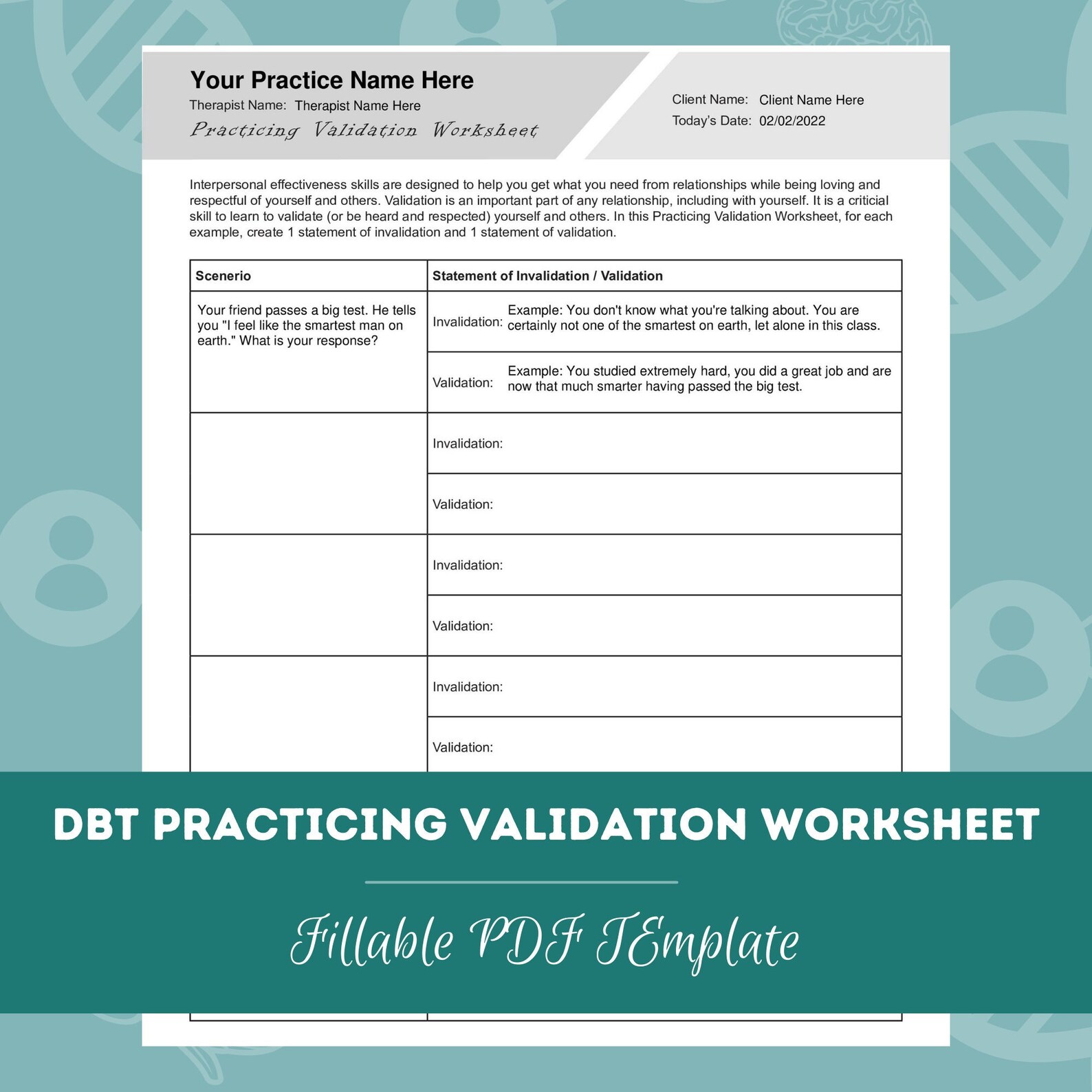 DBT Practicing Validation Worksheet | Editable / Fillable PDF Template ...
