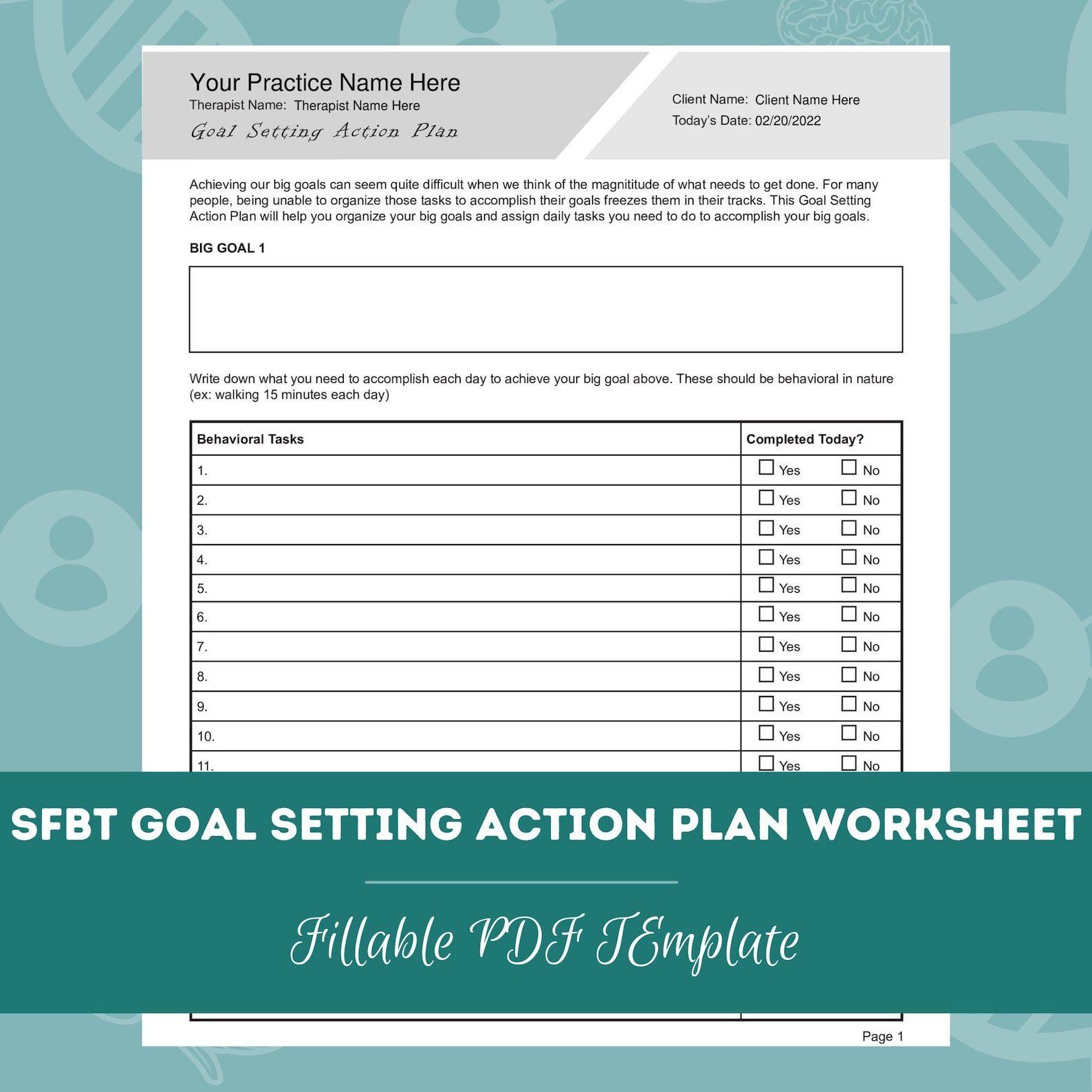 SFBT Goal Setting Action Plan Worksheet | Editable / Fillable PDF ...