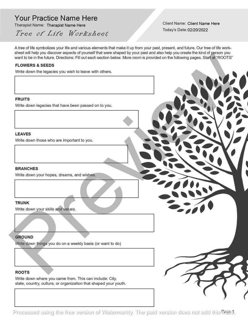 Narrative Therapy Tree of Life Worksheet | Editable / Fillable PDF ...