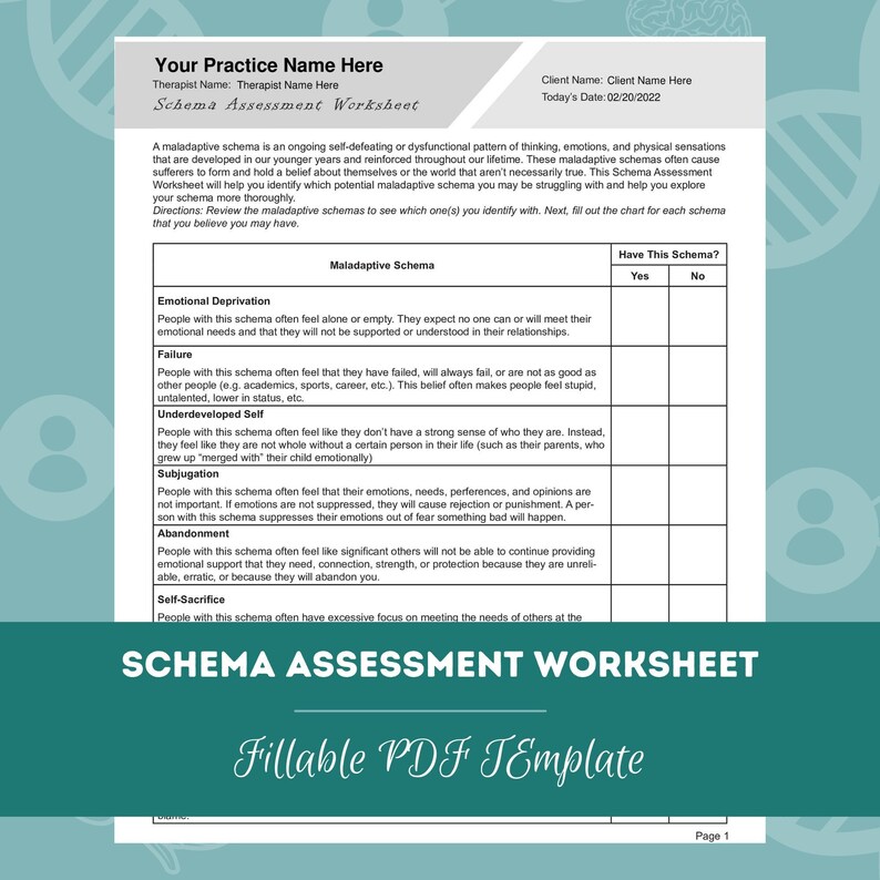 Schema Assessment Worksheet | Editable / Fillable PDF Template | for ...