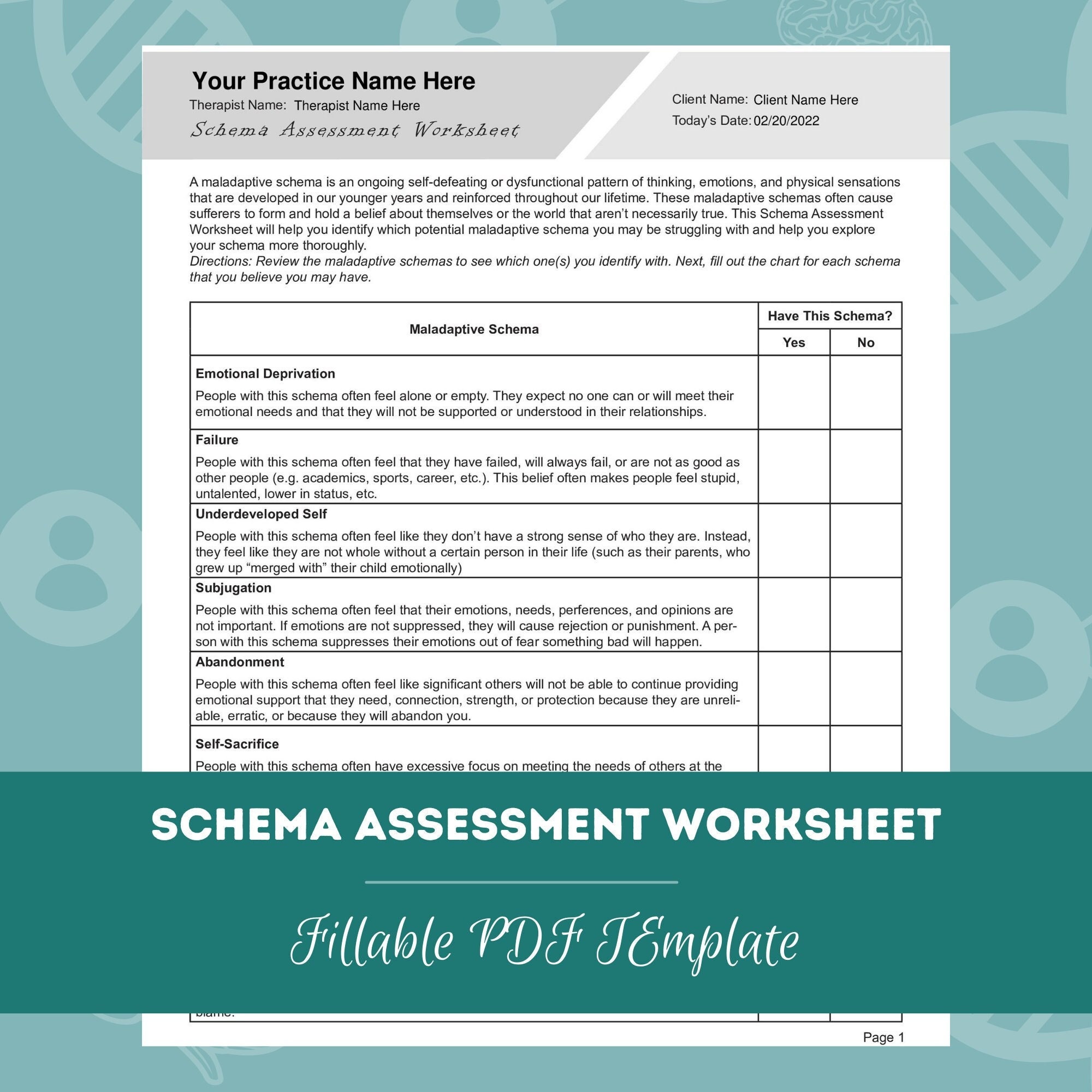 Schema Assessment Worksheet | Editable / Fillable PDF Template | for ...