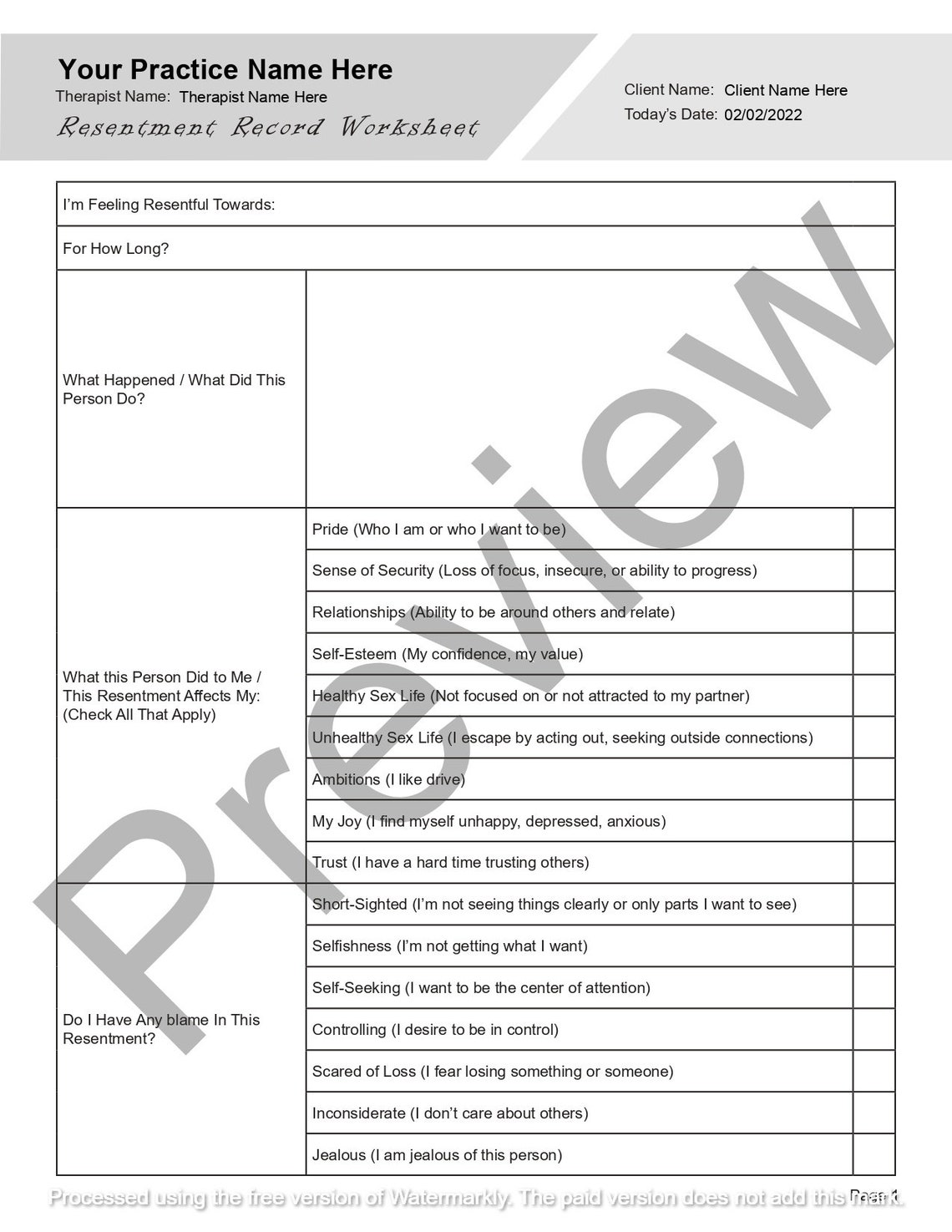 Resentment Record Worksheet | Editable / Fillable PDF Template | for ...