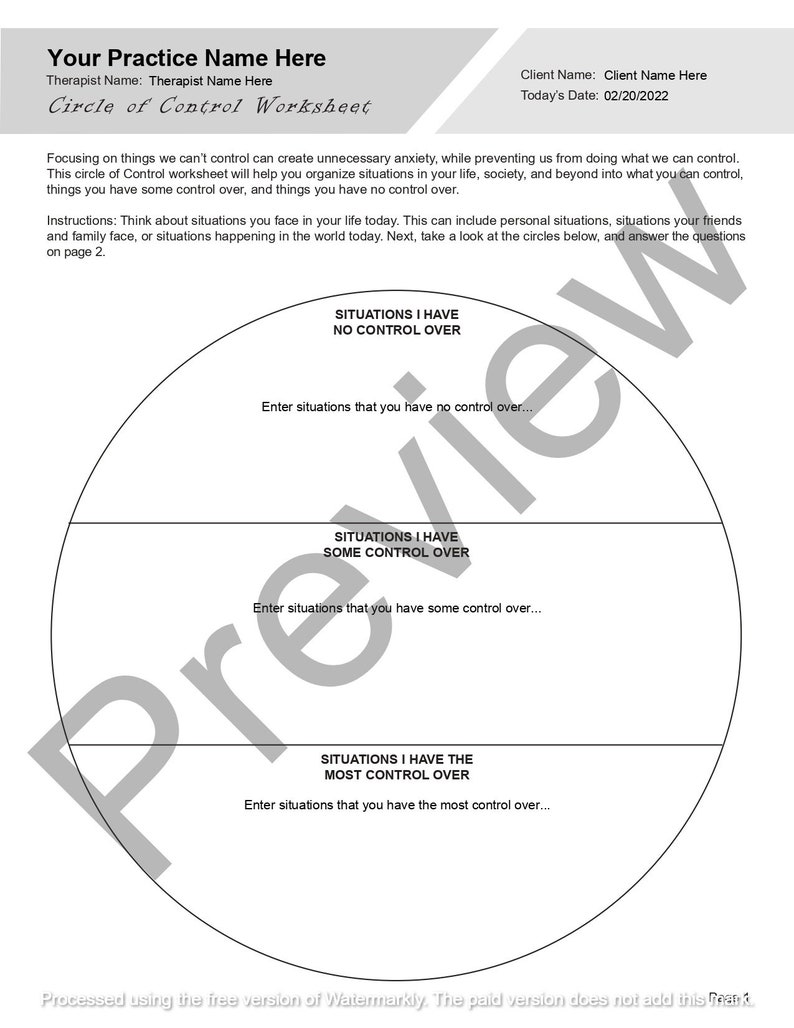 Circle of Control Worksheet | Editable / Fillable PDF Template | for ...
