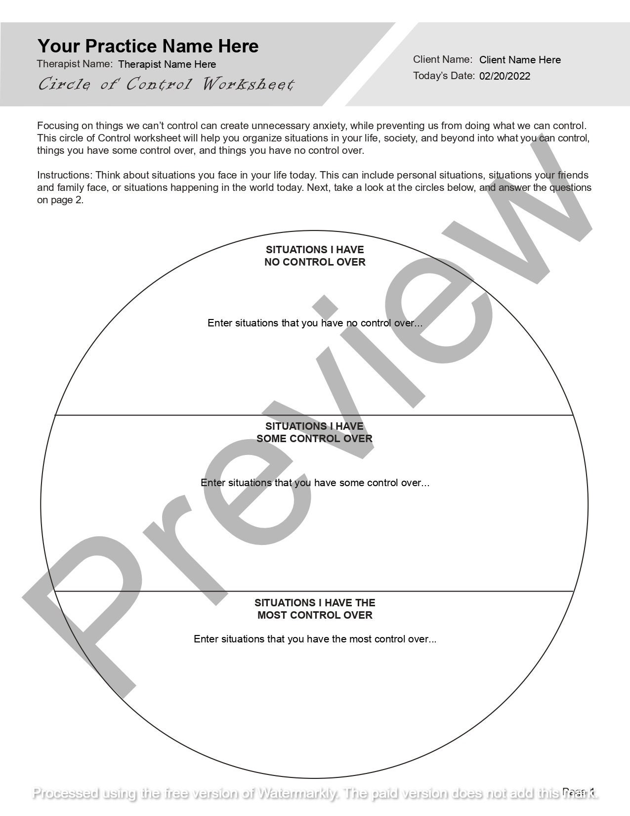 Circle of Control Worksheet | Editable / Fillable PDF Template | for ...