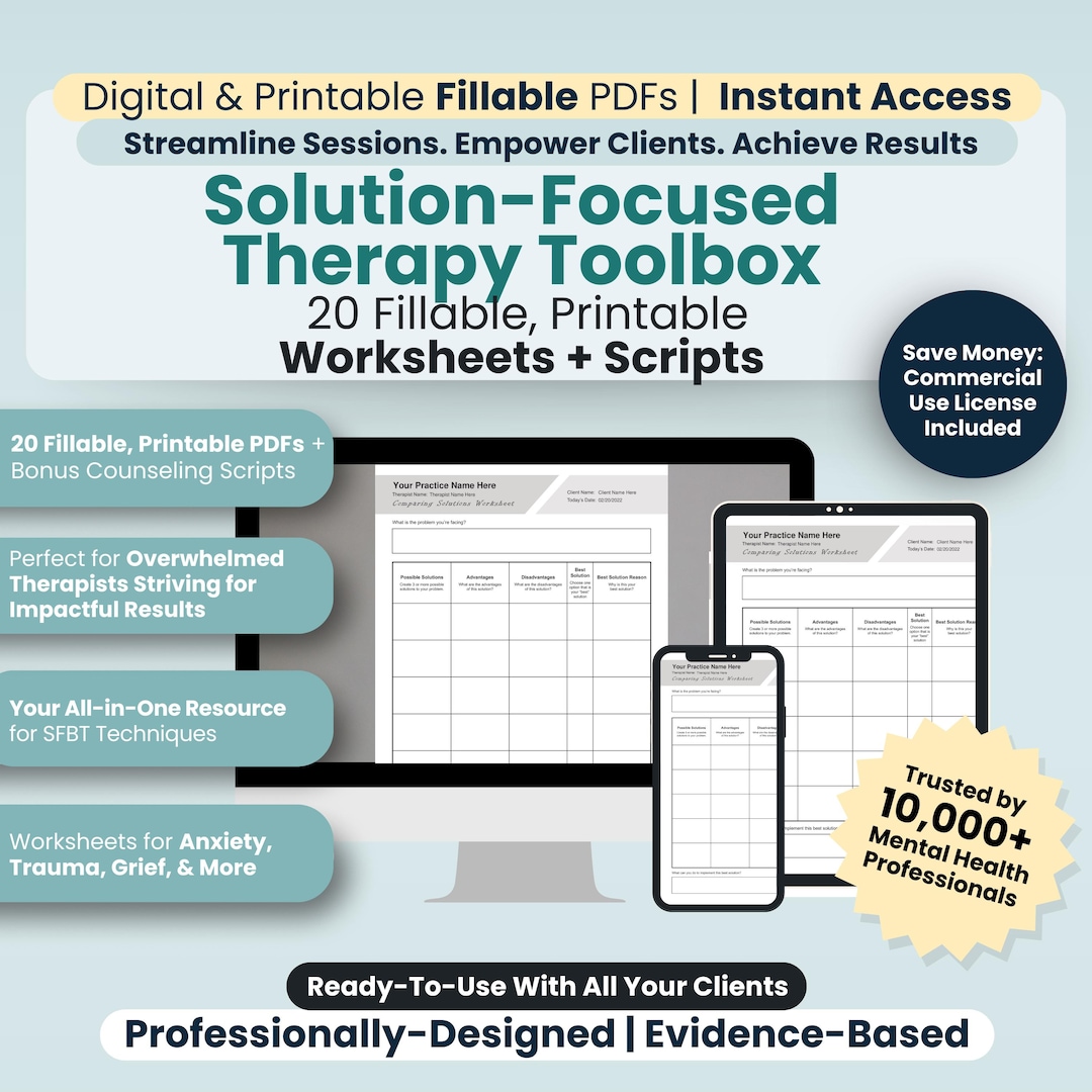 Solution Focused Therapy Worksheets Bundle, 20 Fillable/printable PDF ...