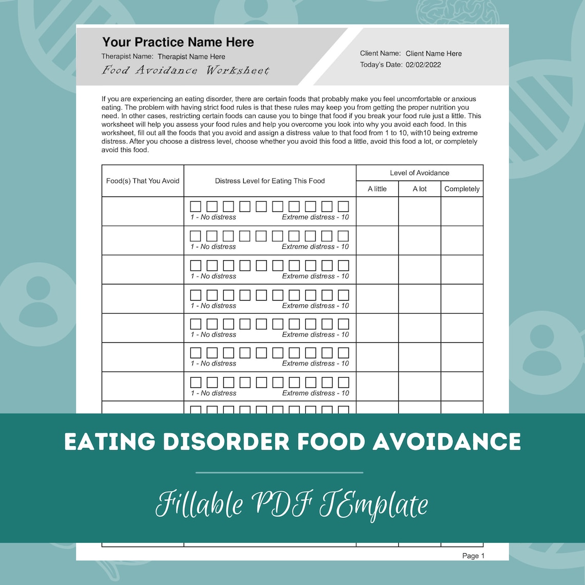 Eating Disorder Food Avoidance Worksheet | Editable / Fillable PDF ...