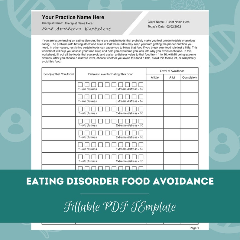 Eating Disorder Food Avoidance Worksheet | Editable / Fillable PDF ...