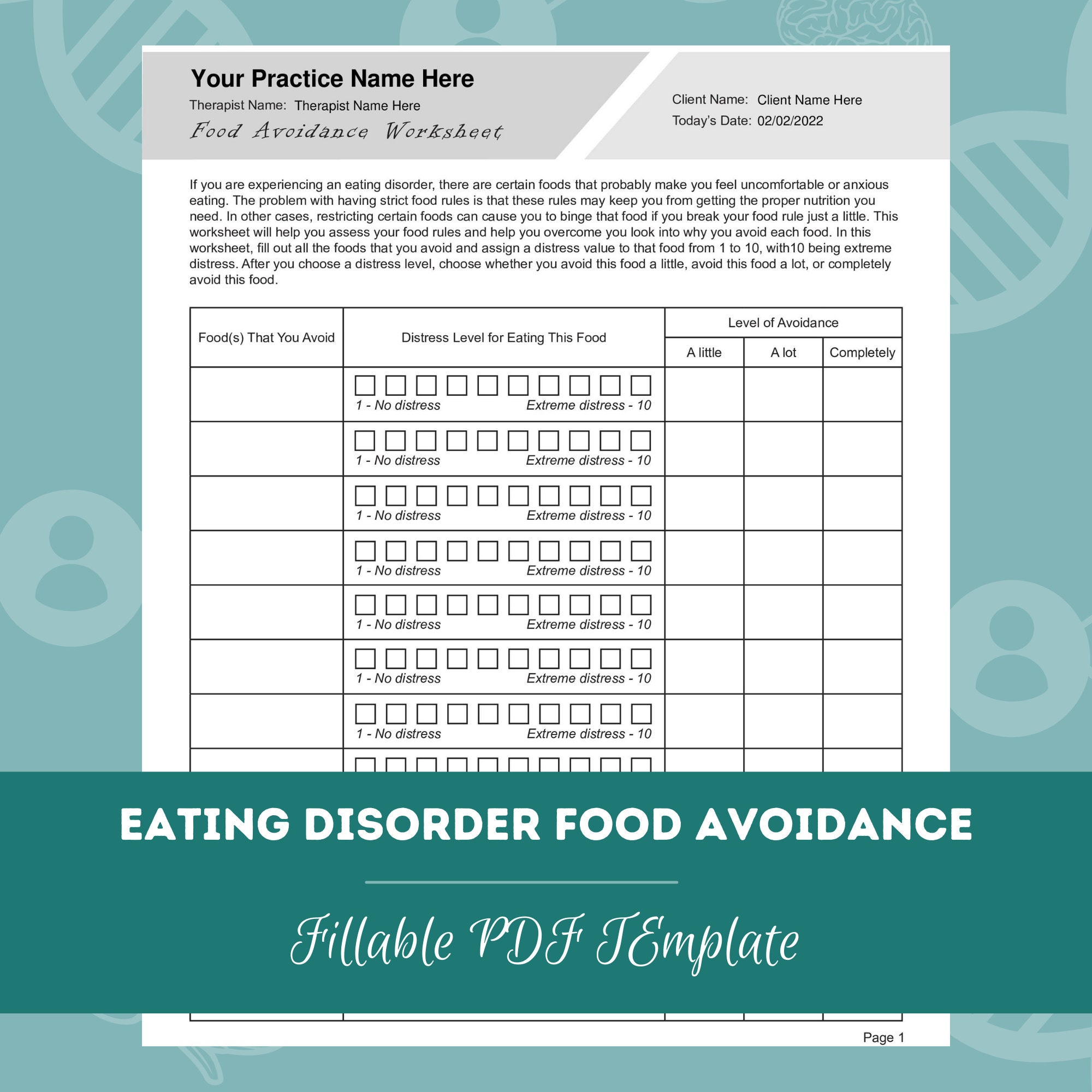 Eating Disorder Food Avoidance Worksheet | Editable / Fillable PDF ...